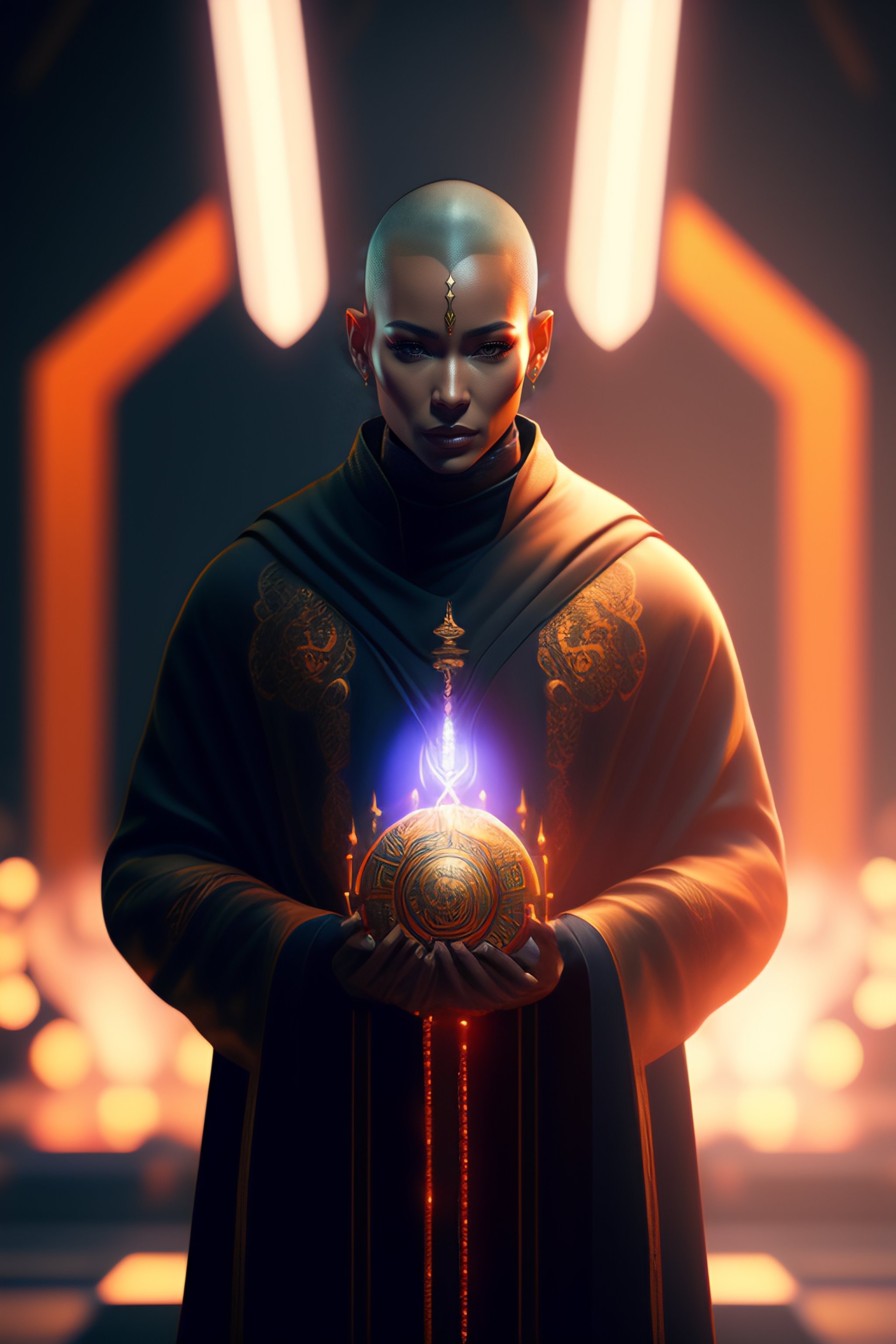 Lexica - An cybernetic monk meditation with hands above head, monk robe ...