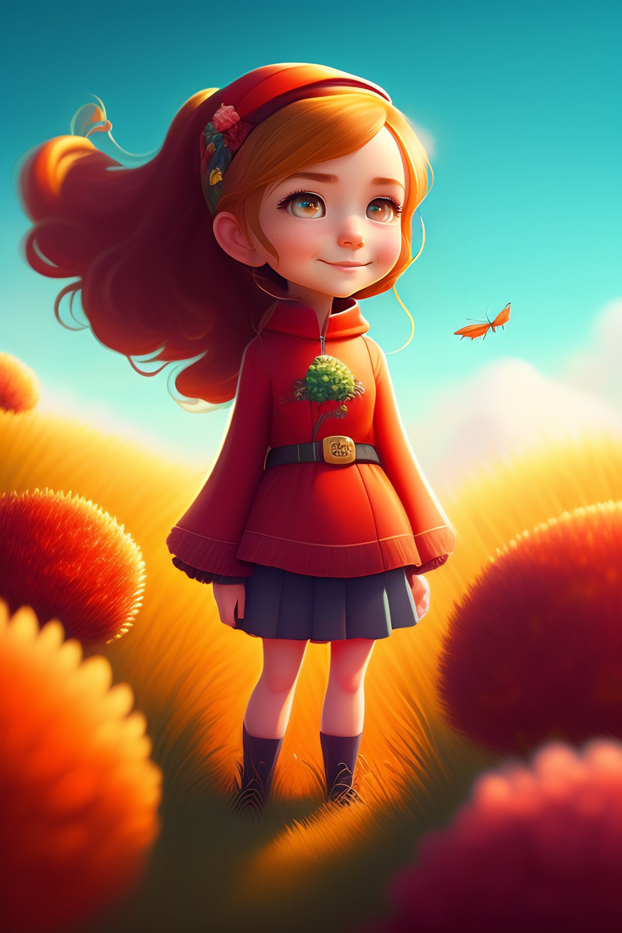 Lexica - View of gorgeous meadow with happy girl in red, animation ...