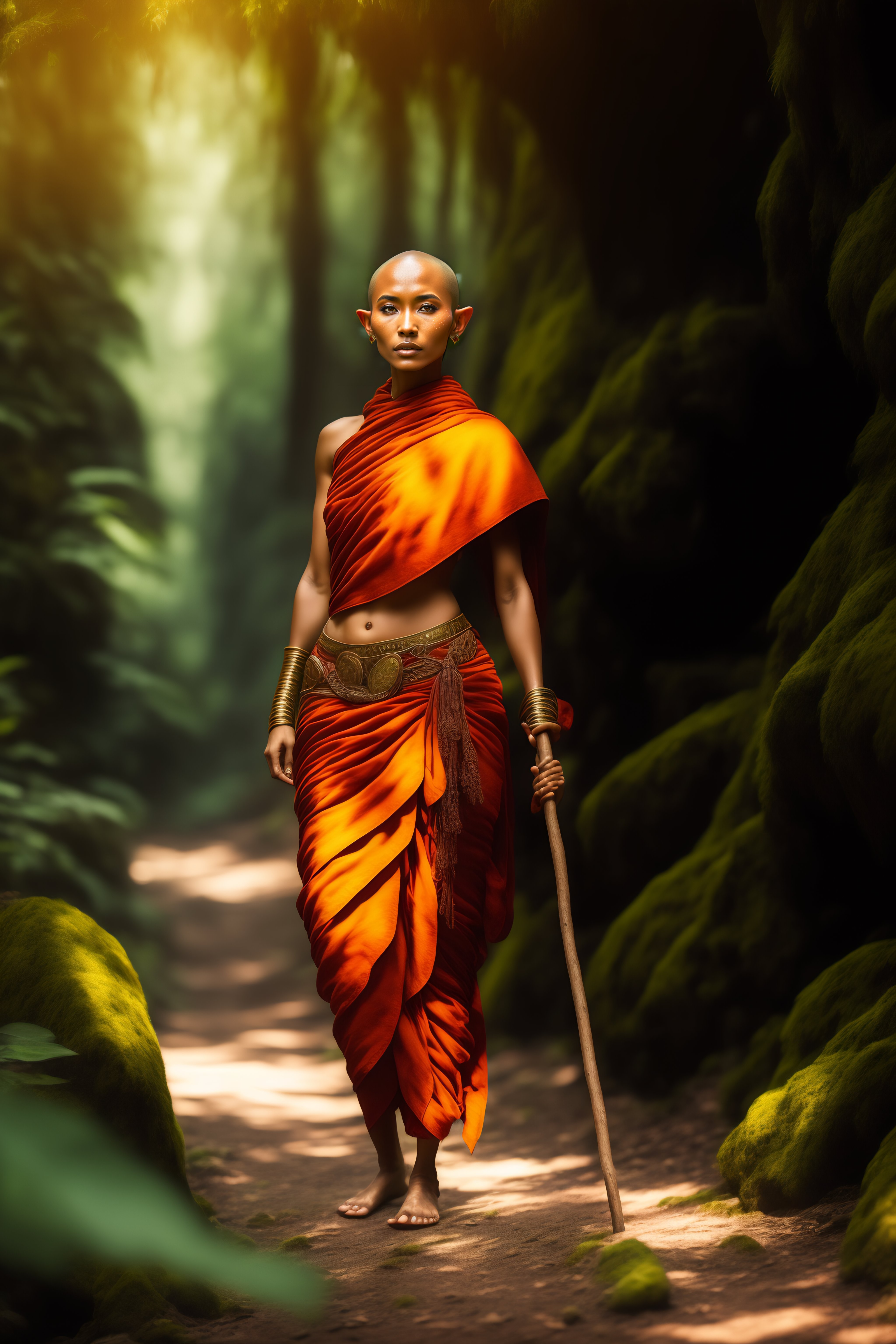 Lexica - Female elf monk with a stick, body shot, jungle landscape ...