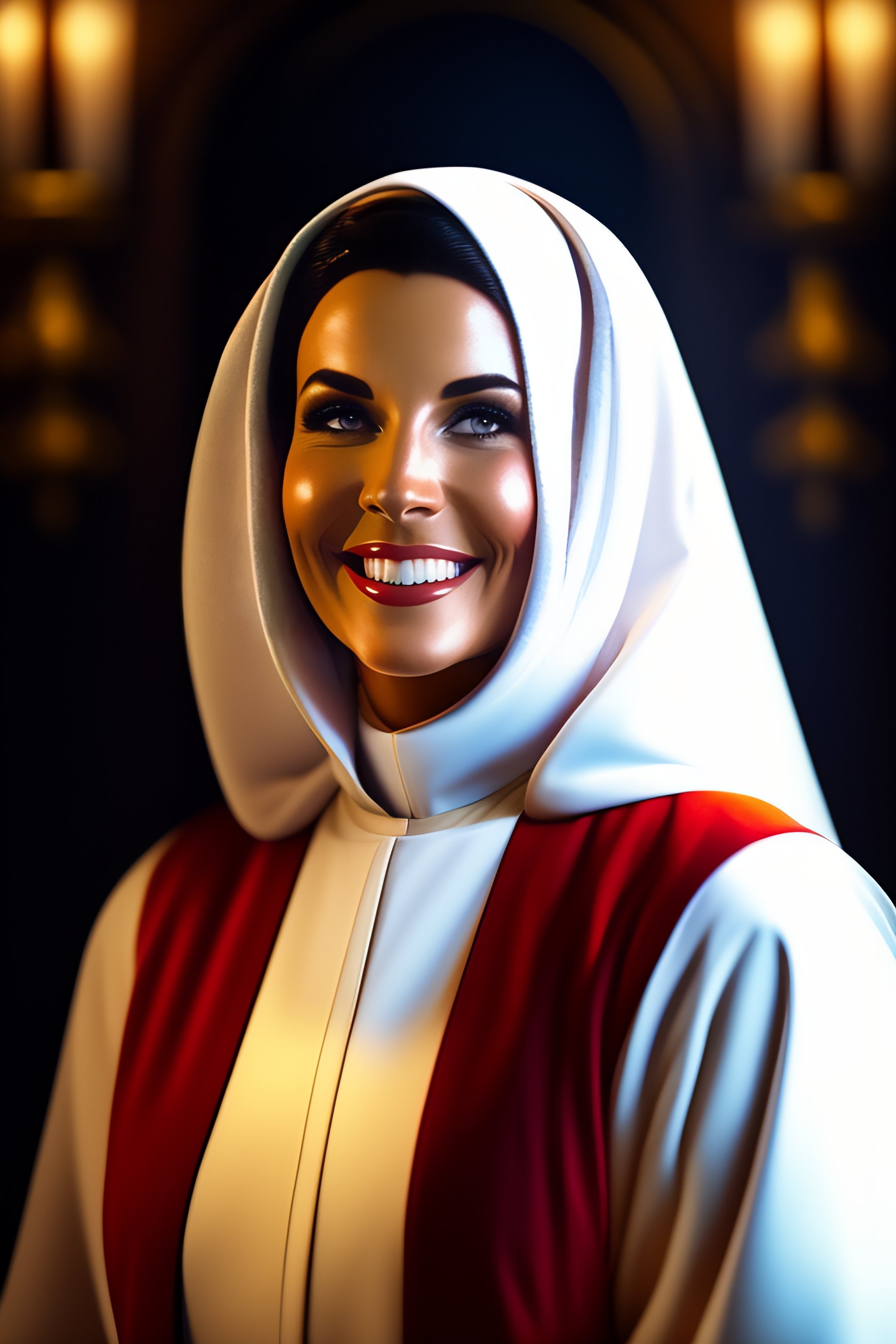 Lexica - Goofy dressed as a nun, warm lighting