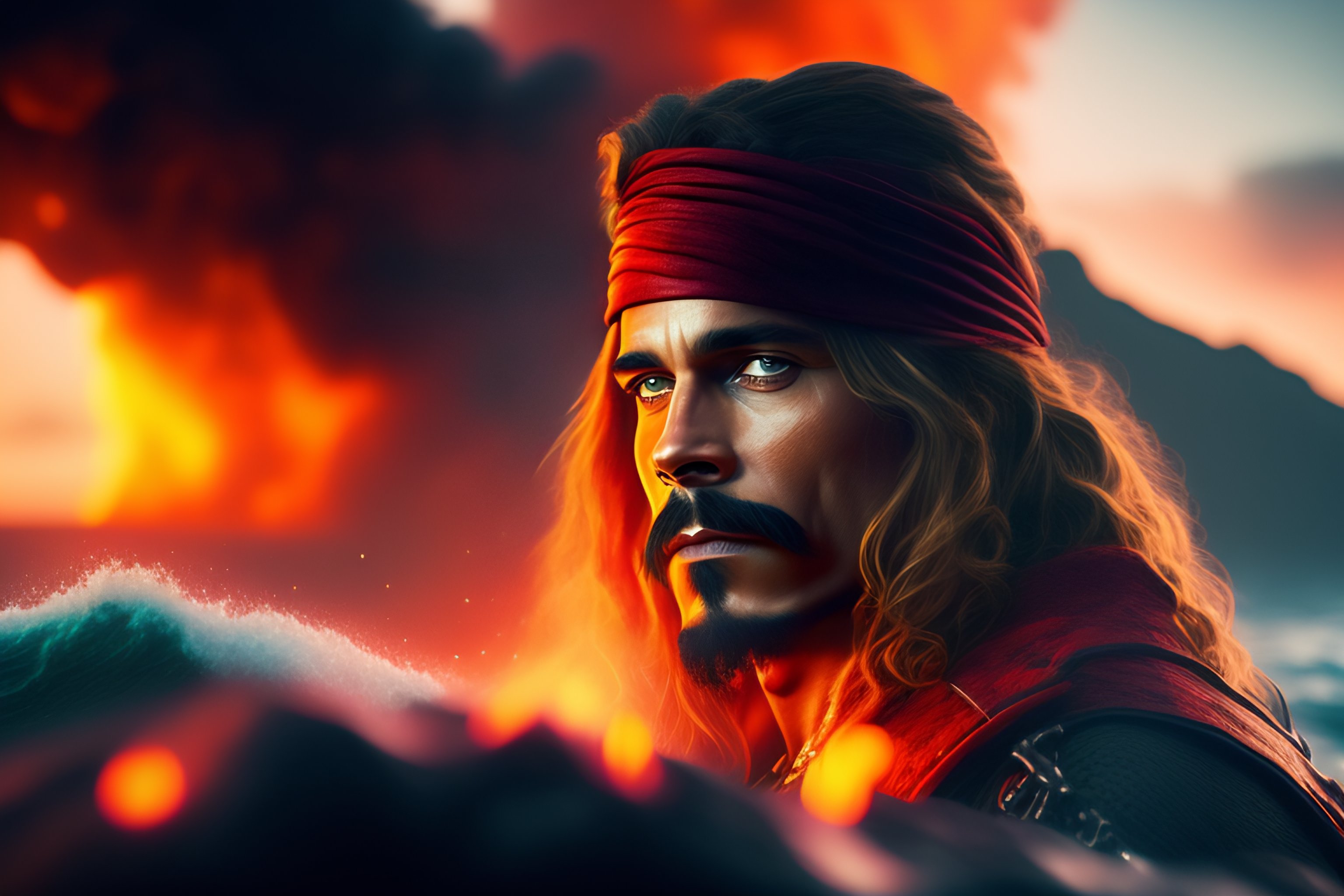 Lexica - Captain Jack Sparrow on top of a ship, sea of lava and fire ...