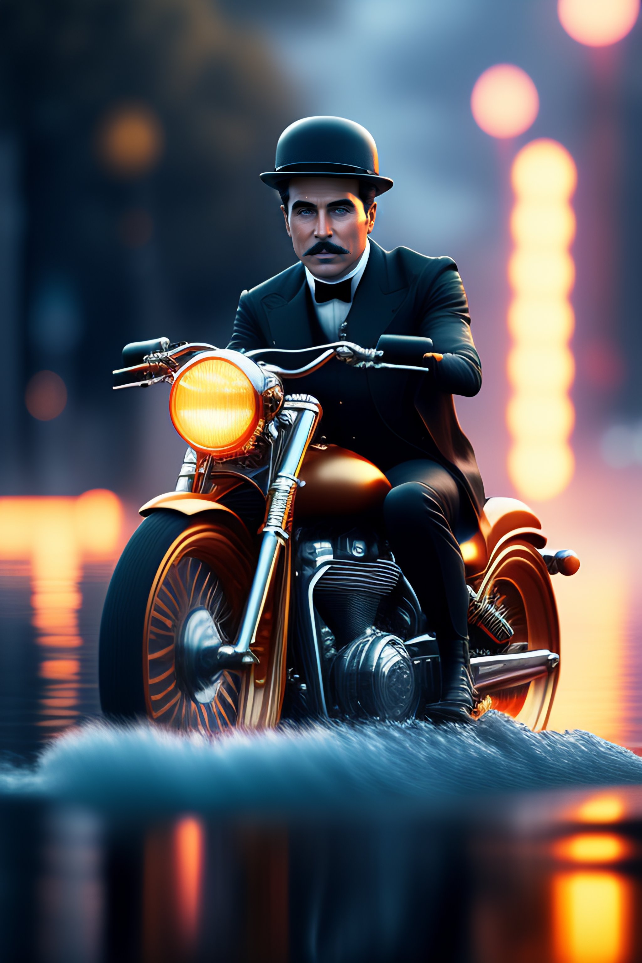 Lexica - Charlie Chaplin driving a motorbike on a water surface while ...