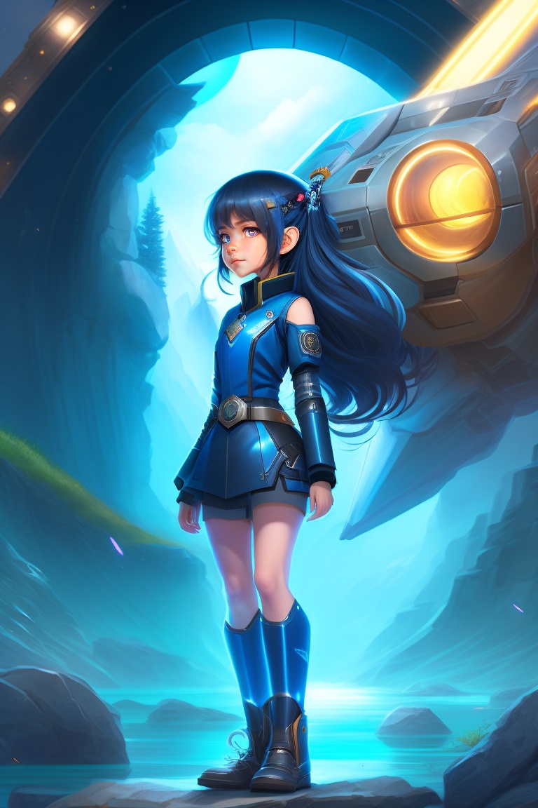 Lexica - Black and blue mecha, 11-year-old girl, elf ears, black hair ...
