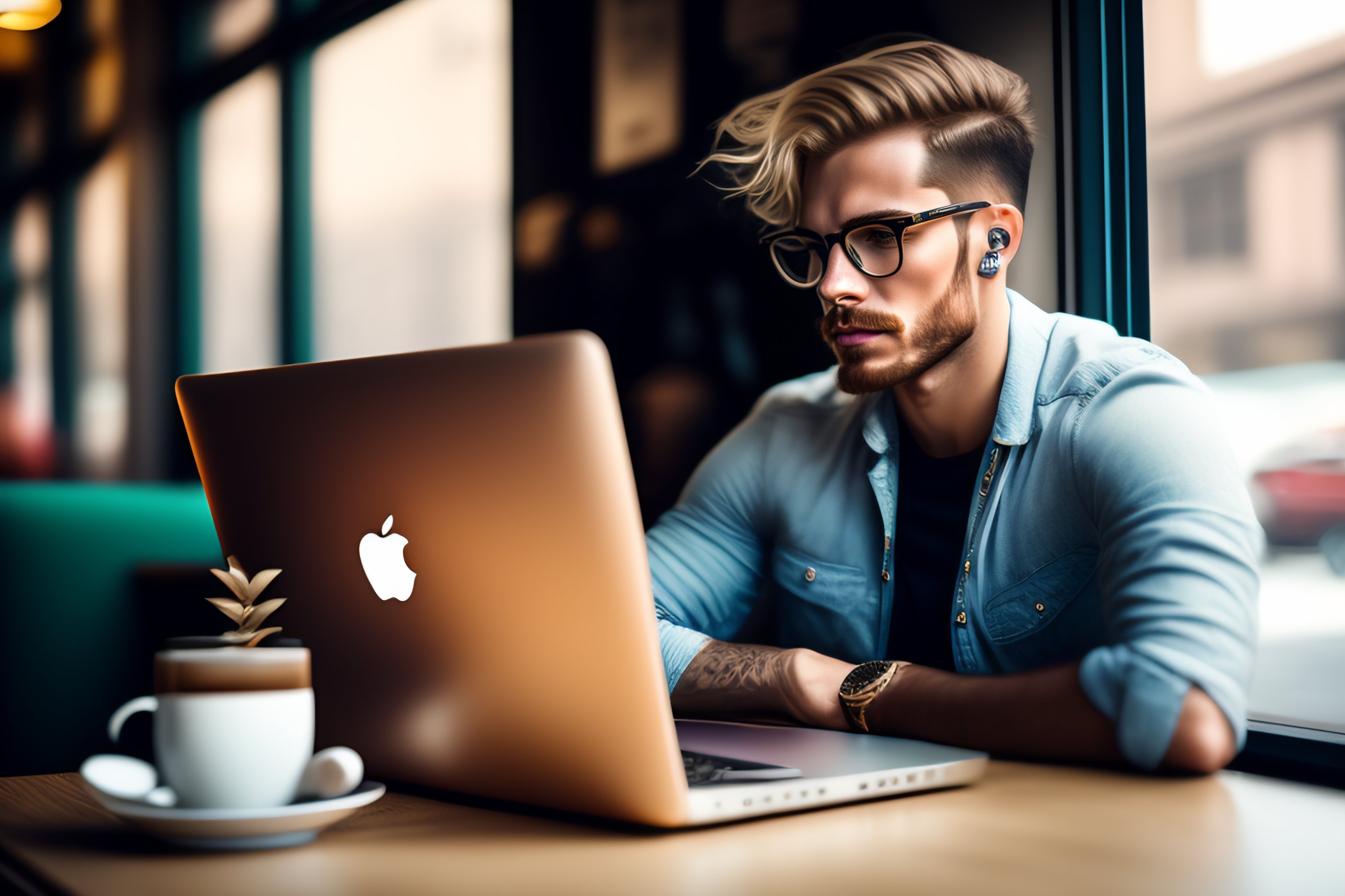 Lexica - Hipster, working in cafe, blond, on macbook, programing ...