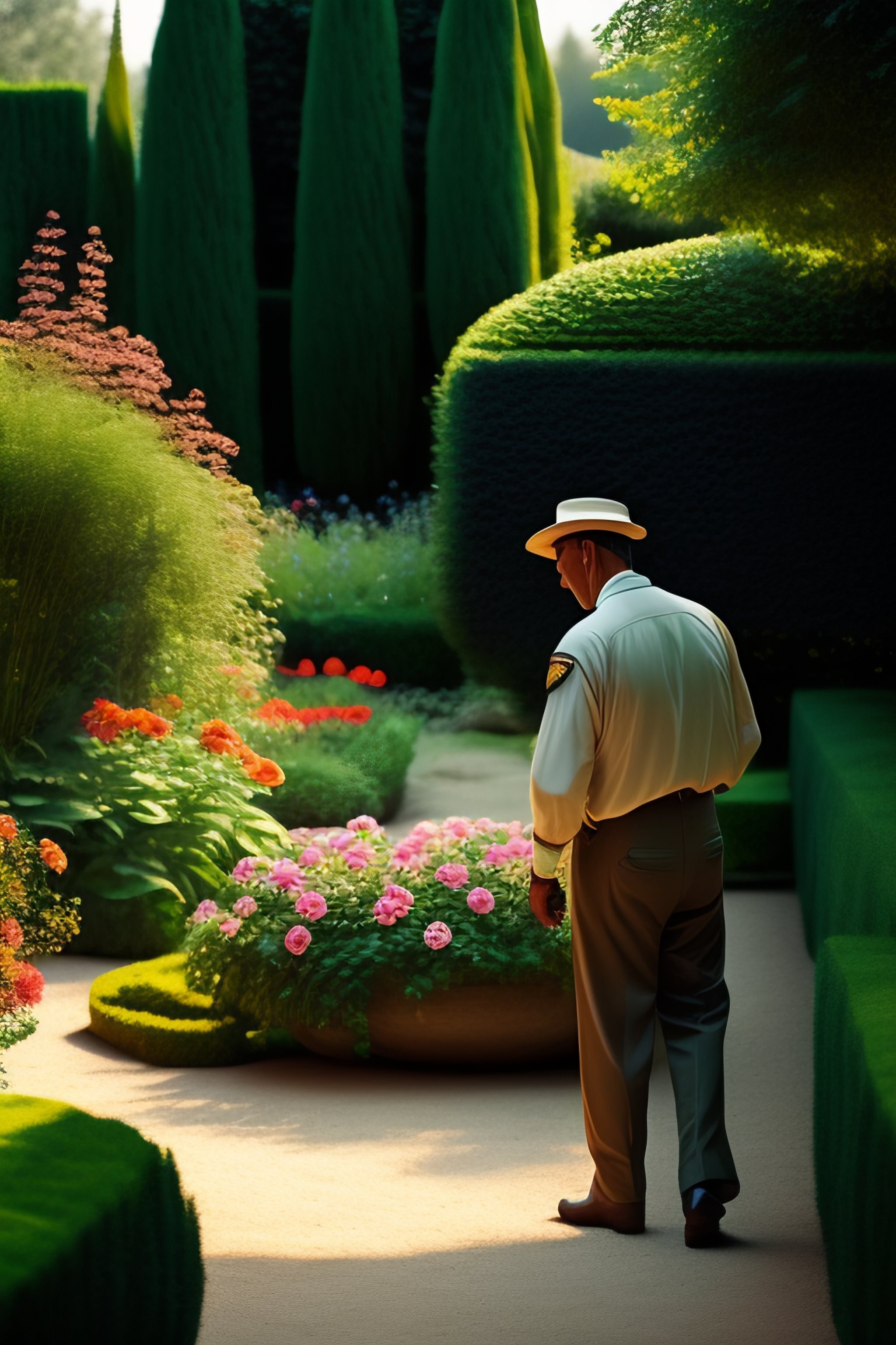 Lexica - A gardener in a french garden in the evening