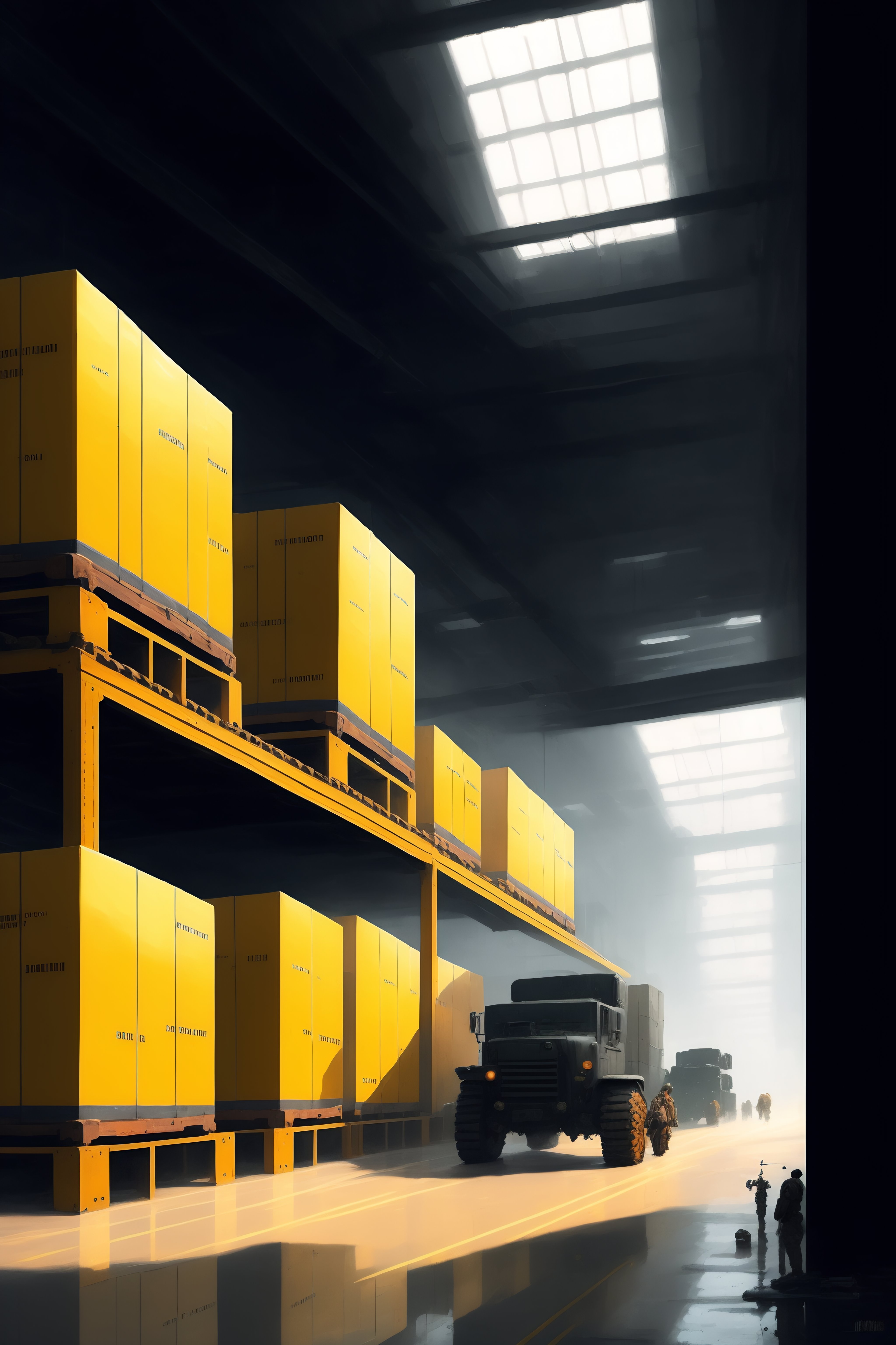 Lexica - Interior of a warehouse filled with boxes, watercolored, jakub ...