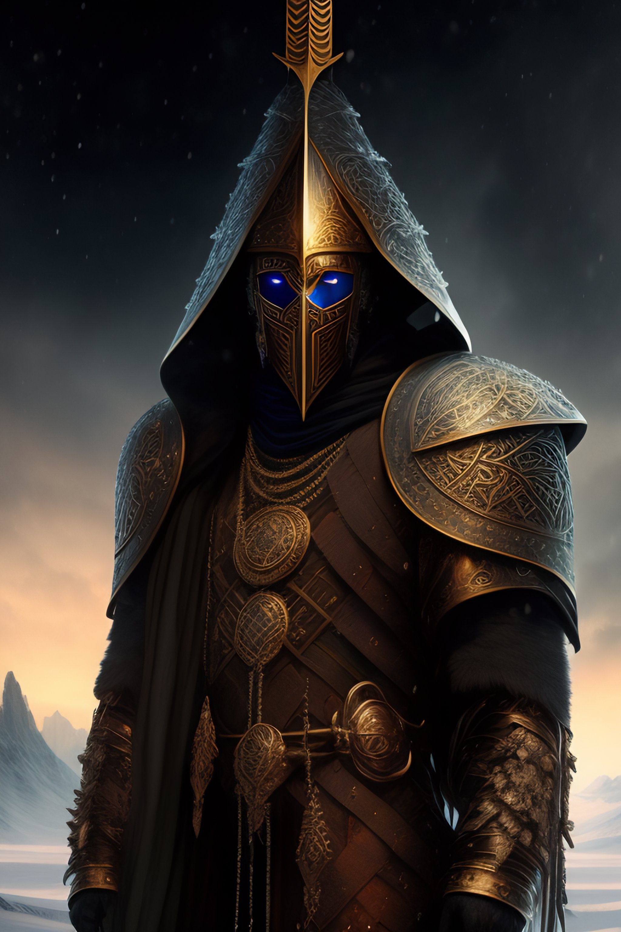 Lexica - An humanoid with a long ragged coat filled with pins, a mask ...