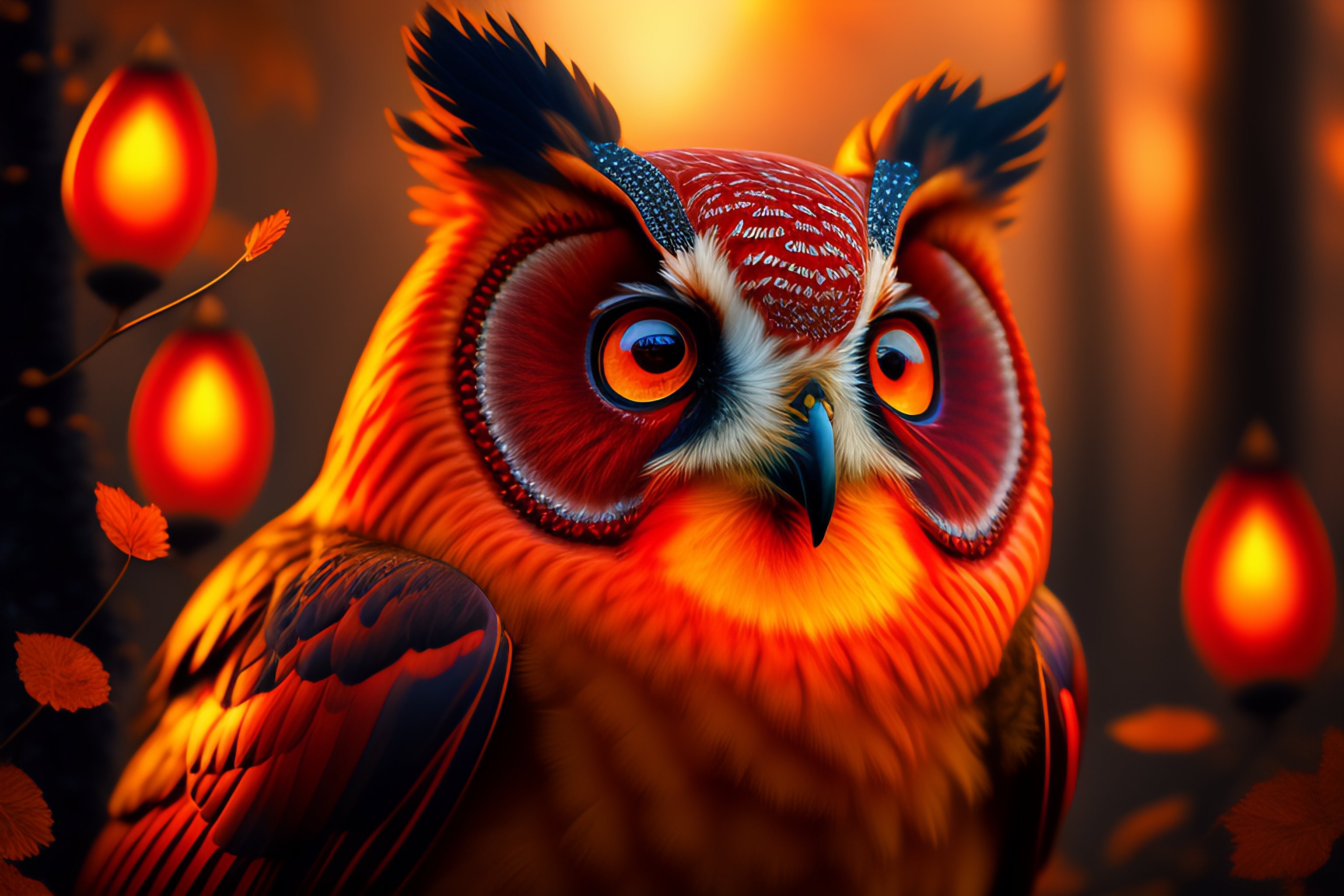 Lexica - Radiant red owl, glowing amber, autumn colours, highly ...
