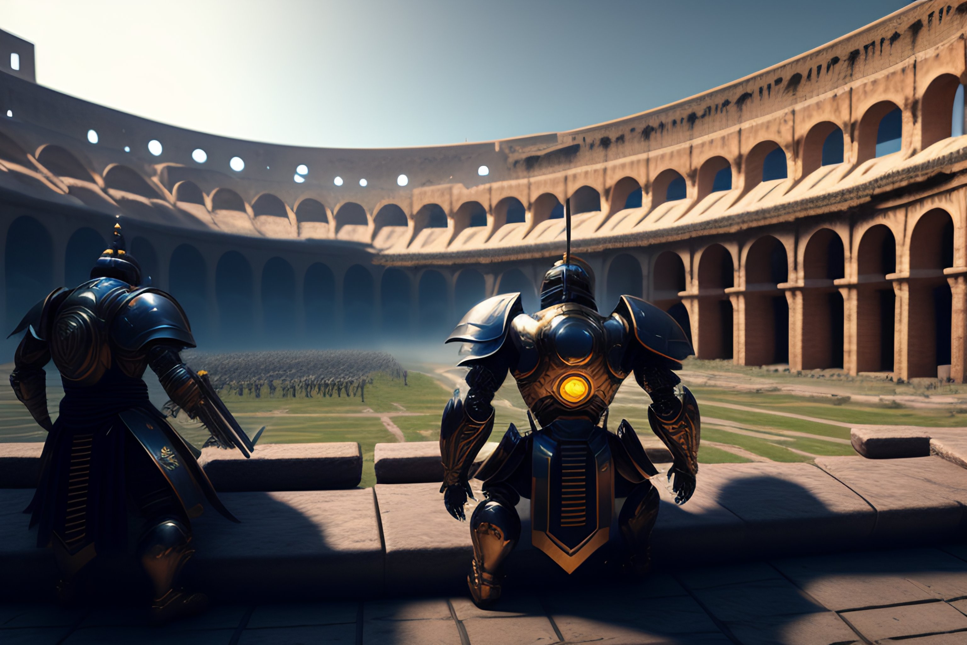 Lexica - A robot with 2 katanas confronting his master inside a roman ...