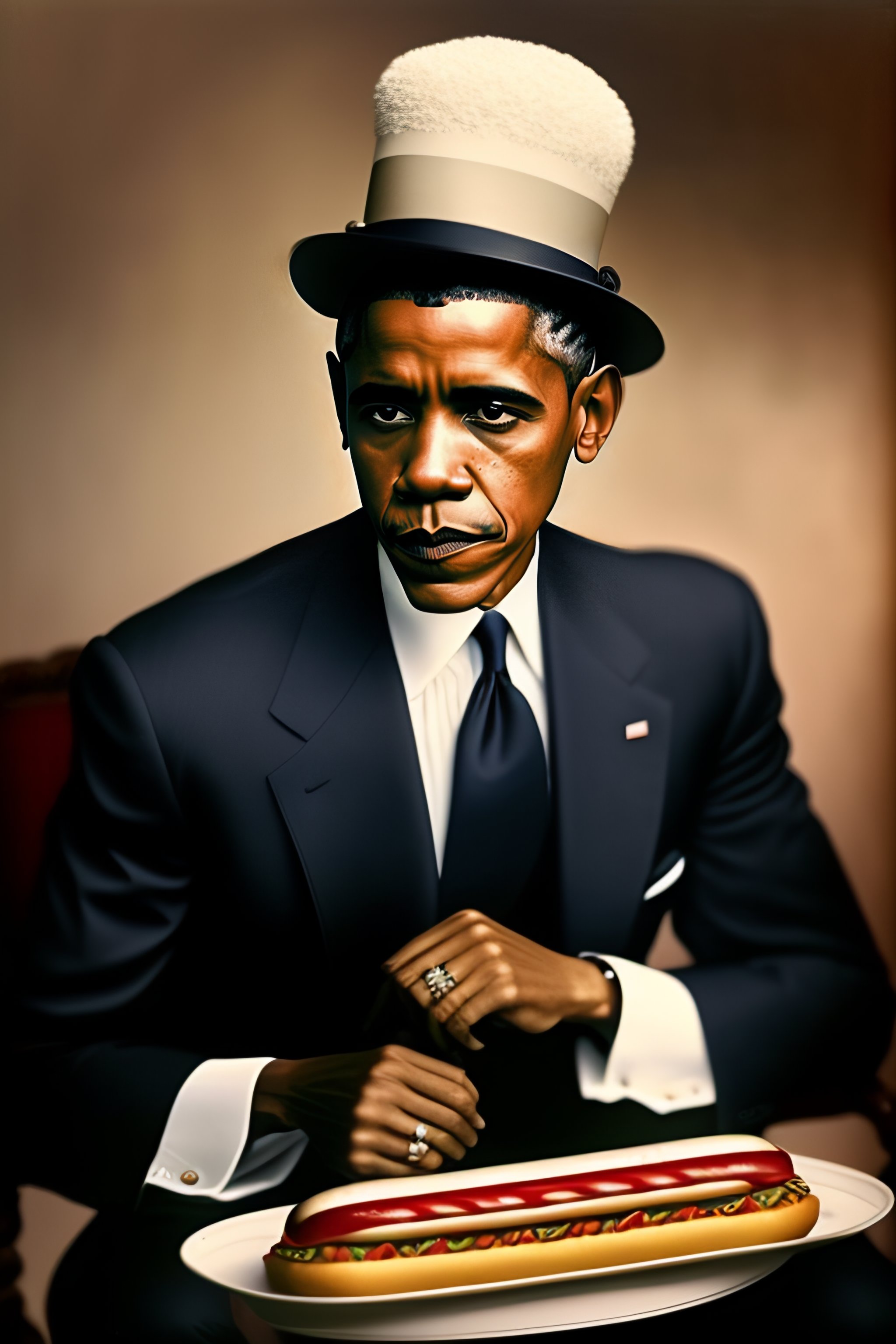 Lexica - Barack obama, 1920s, wearing four hats, eating hot dog