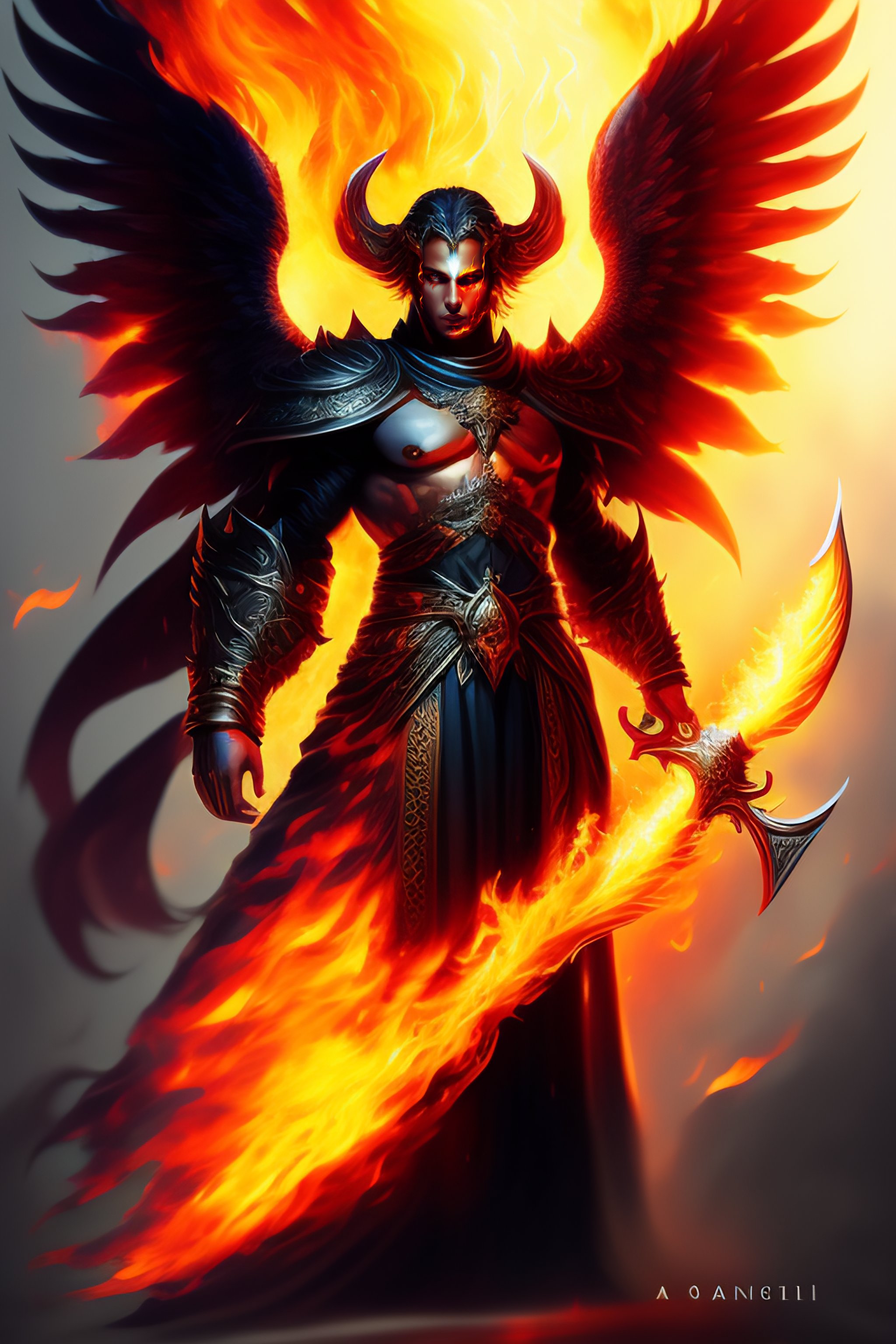Lexica - Demonic angel with a flaming sword digital paint splash art ...