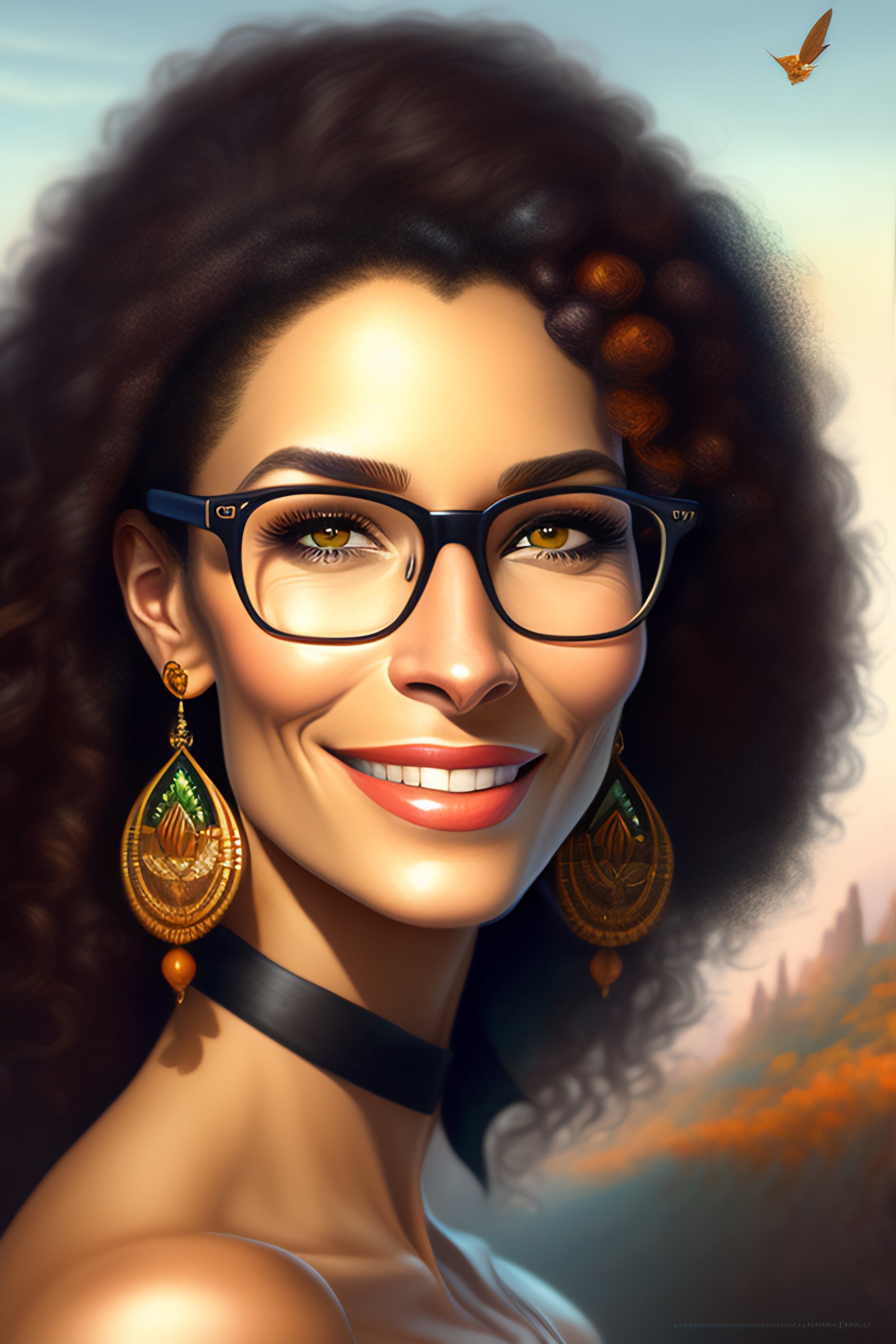 Lexica - Face, Caucasian woman, broad chin, long curly dark hair ...