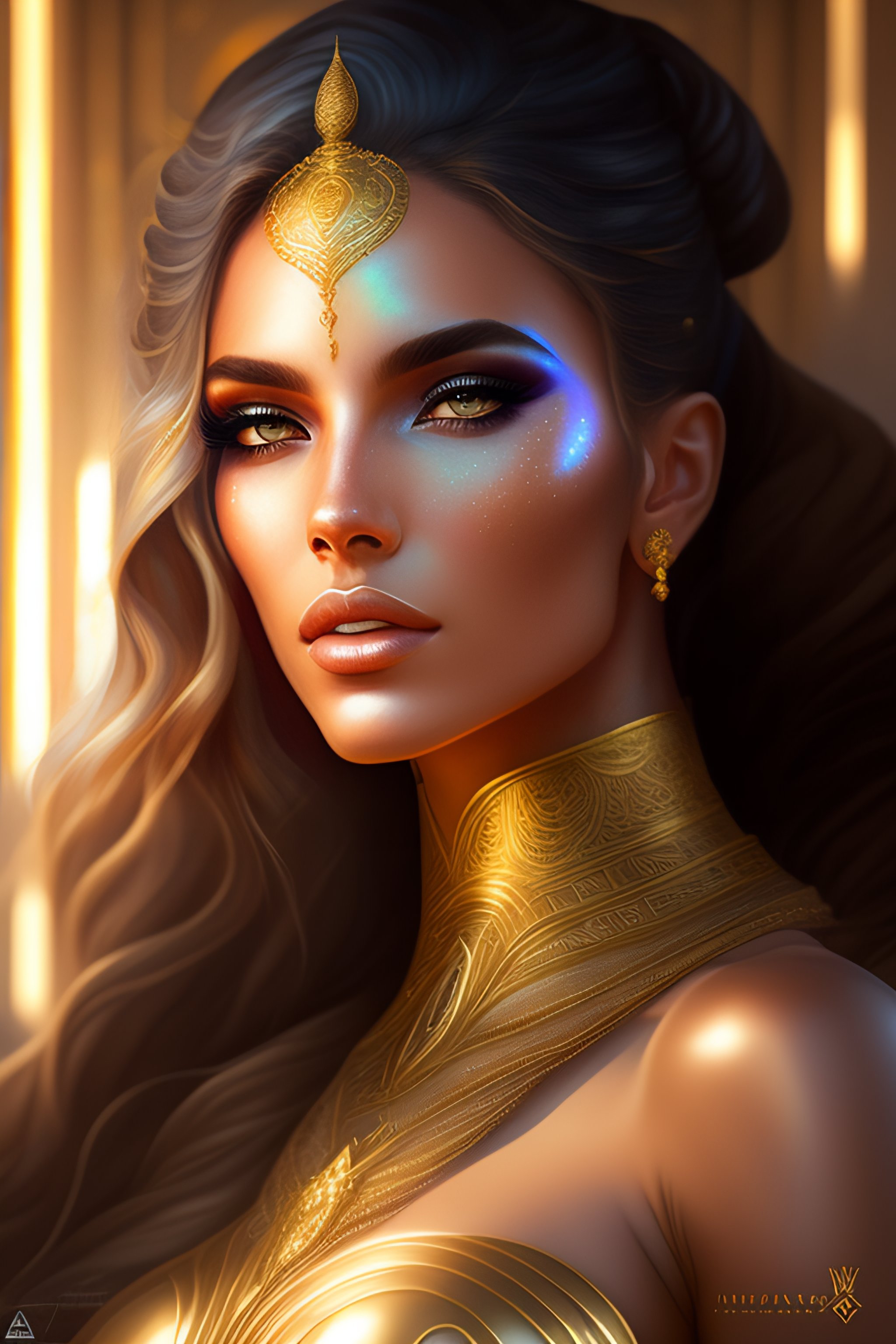 Lexica - A beautiful cinematic female sand goddess, golden dress, glow ...