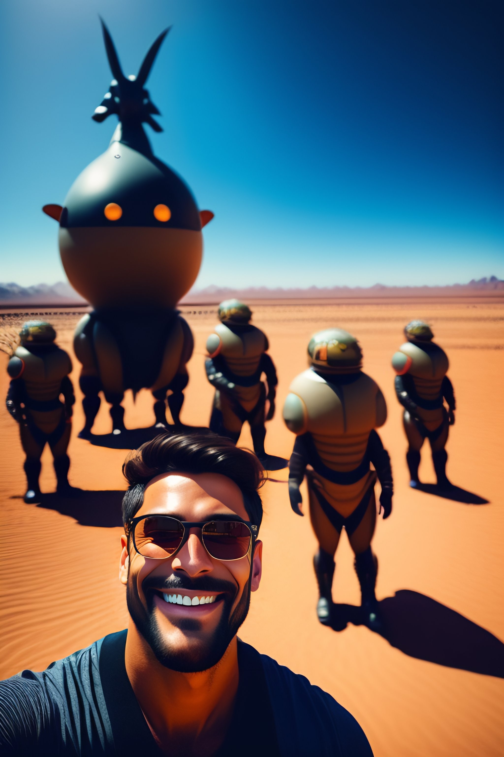 Lexica - A guy taking a selfie with large aliens surrounding him