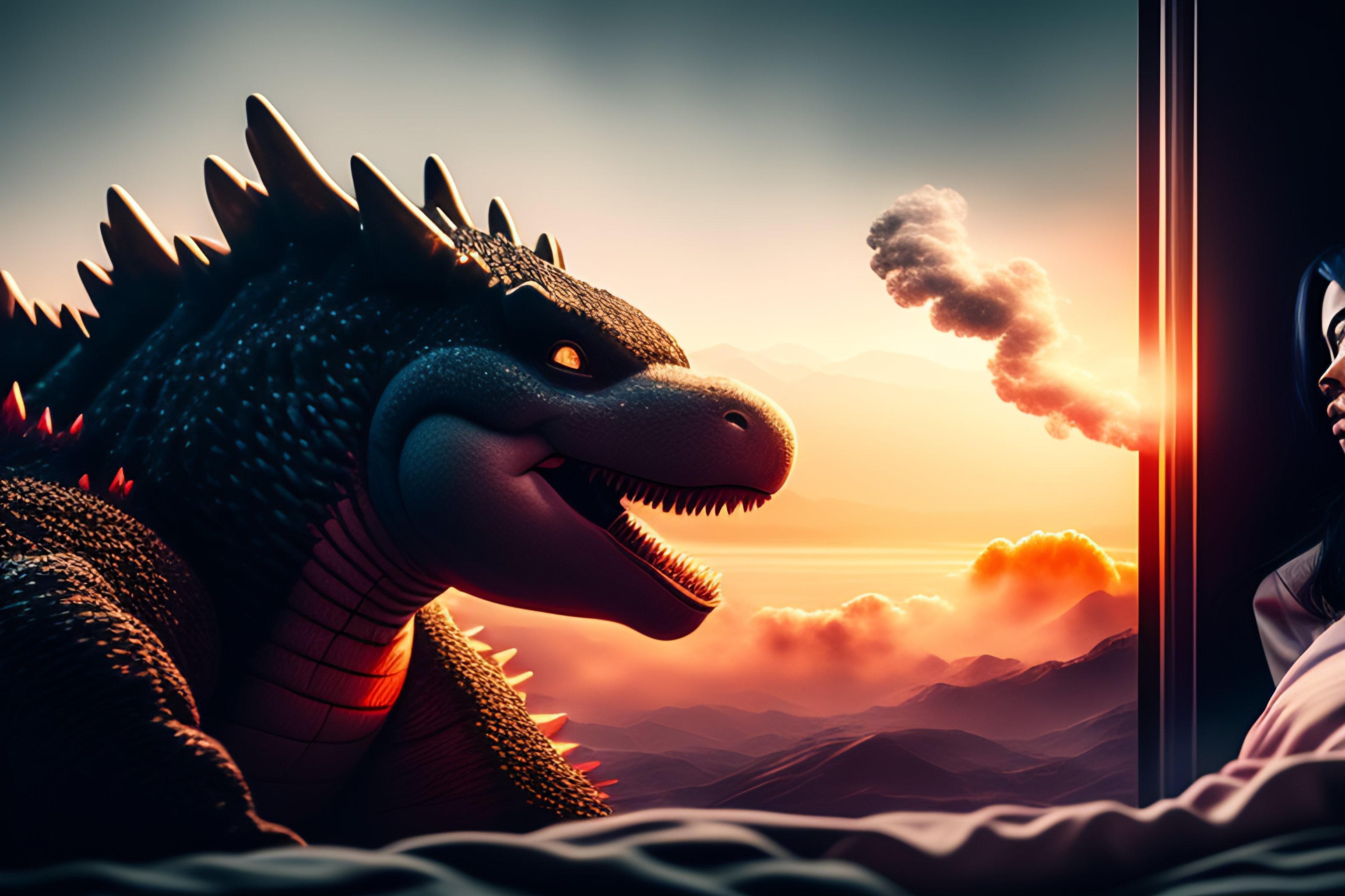 Lexica - Godzilla lying on his back smoking a cigarette in bed with a ...