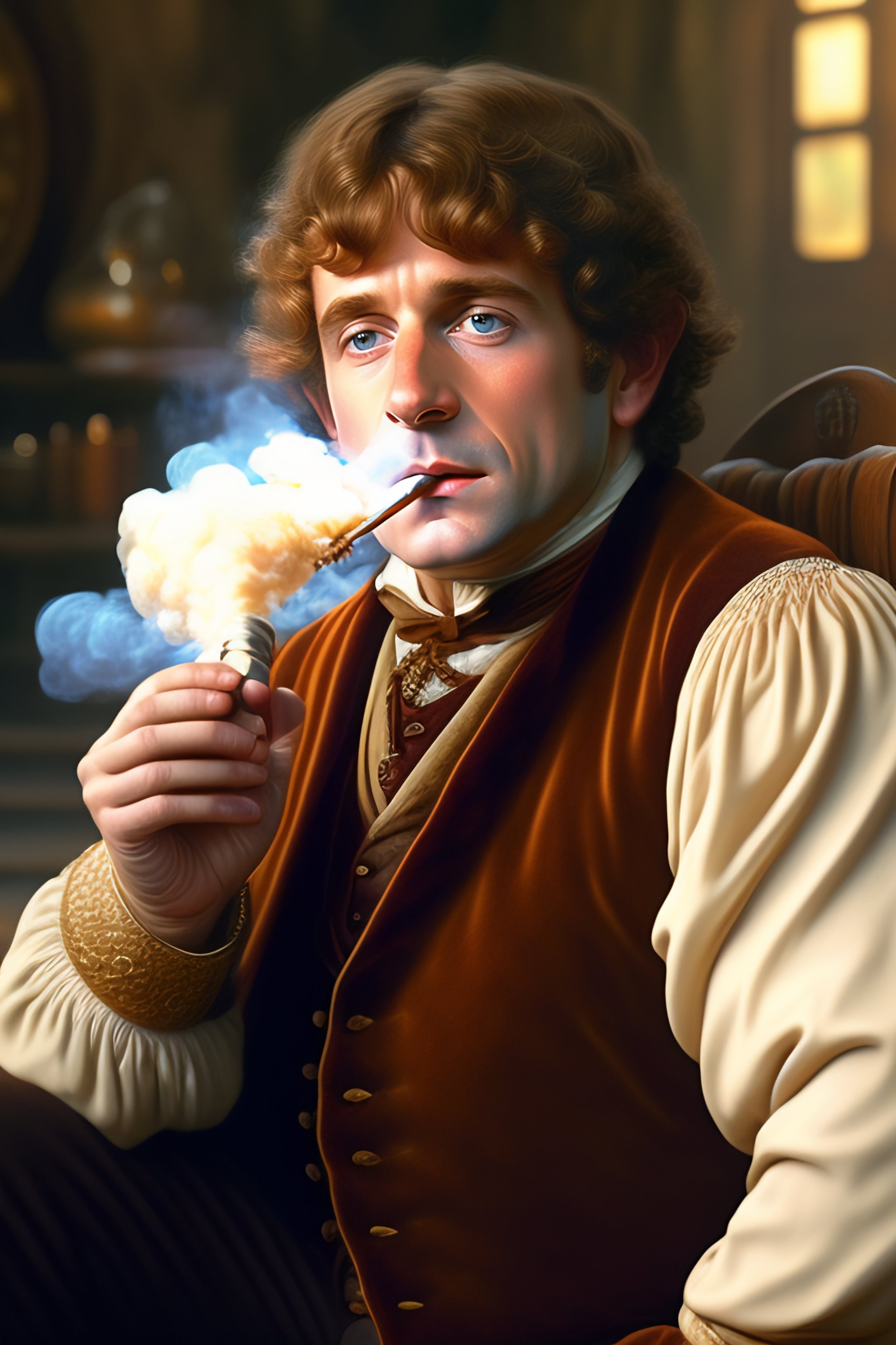 Lexica - Portrait of Bilbo Baggins smooking from a pipe , 8k, oil ...