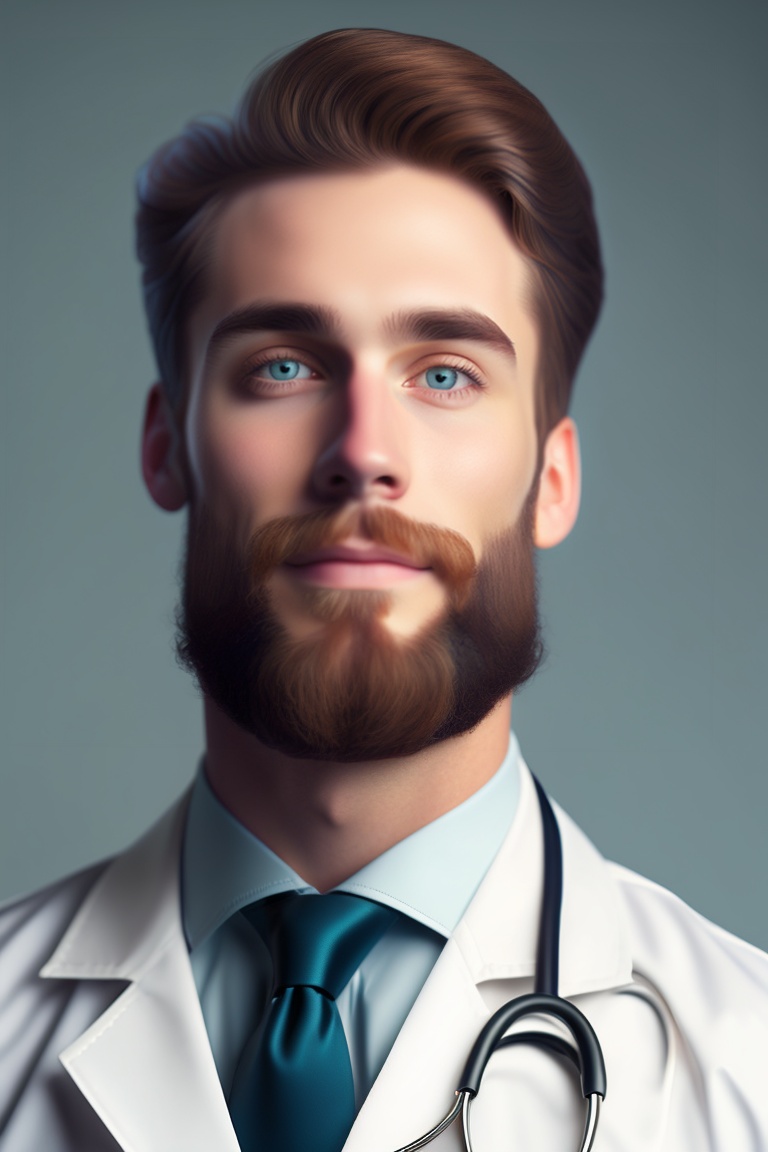 Lexica - American, Young doctor with beard, front face, stethoscope ...