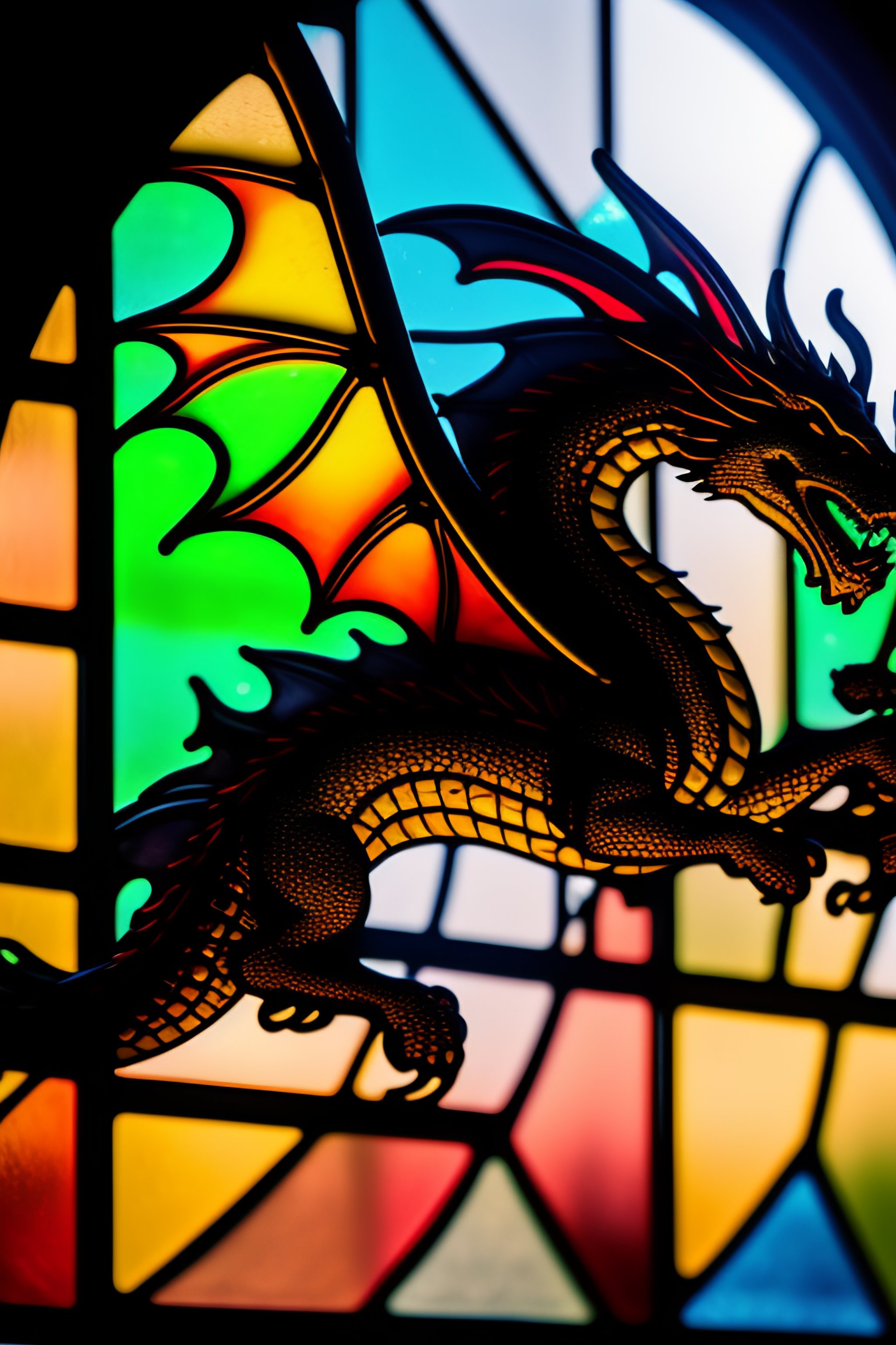 Lexica - A medieval dragon flying in a stained glass