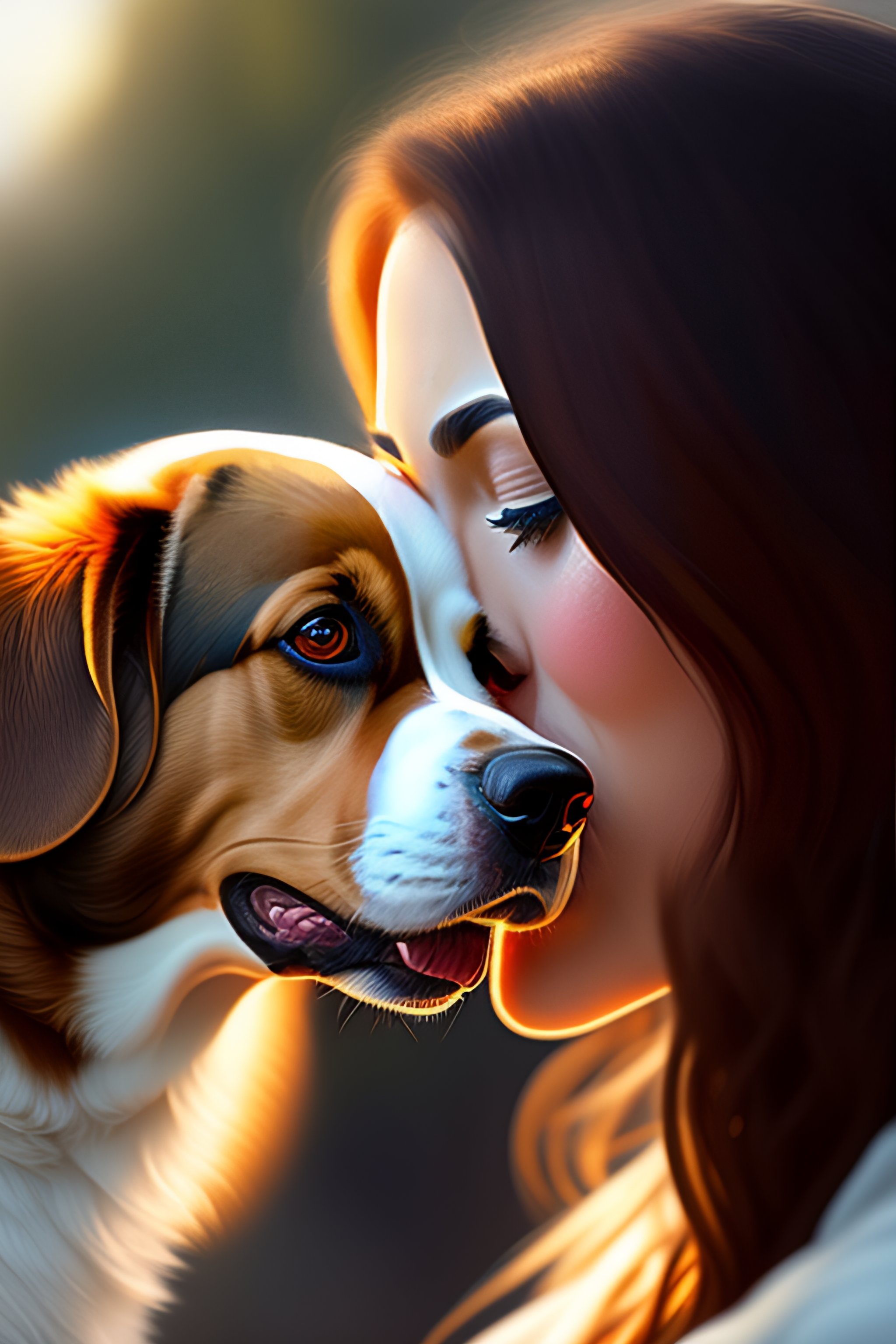 Lexica - A detailed picture of a dog licking a cute calm girl, licking face, touch lips, kissing ...
