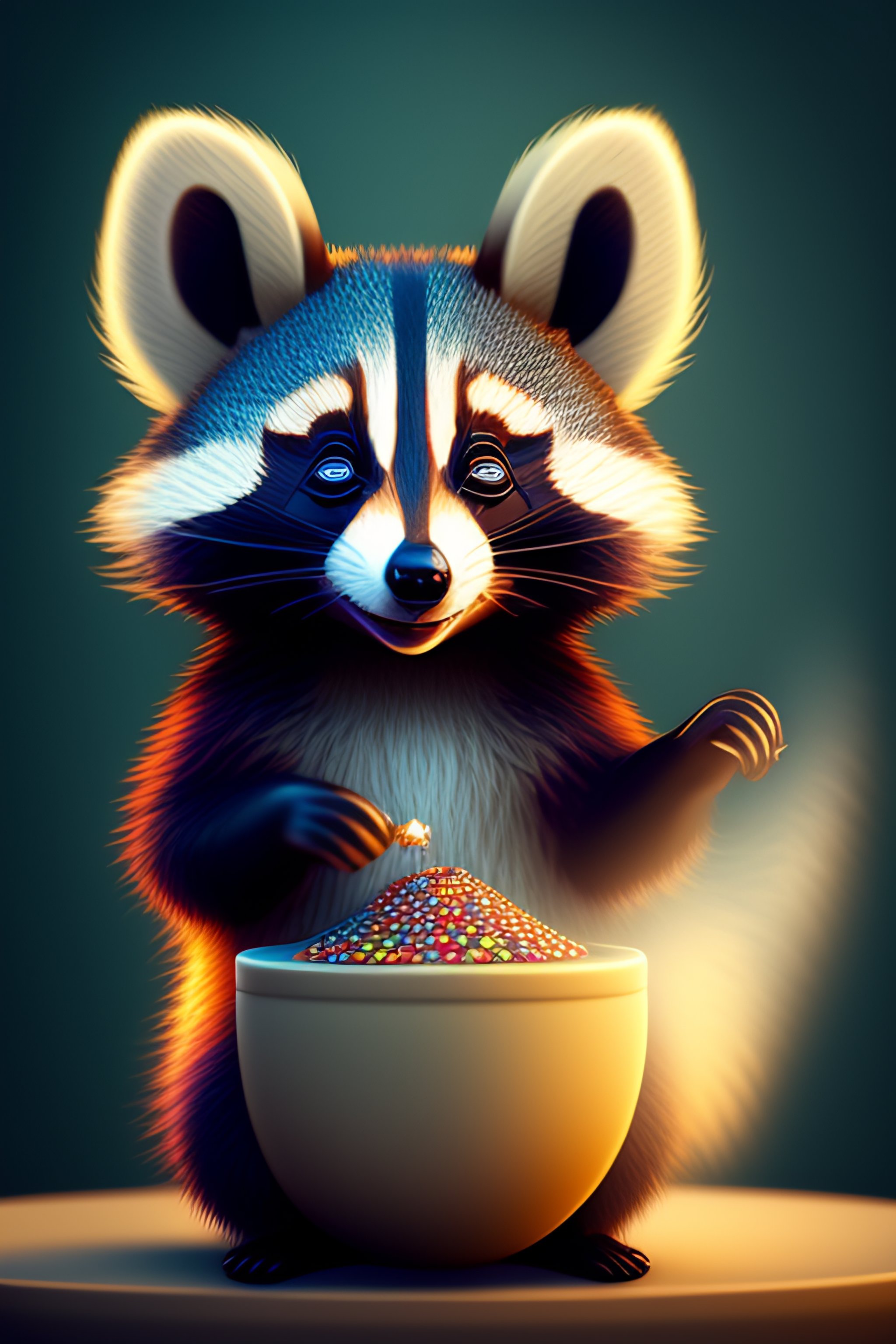 Lexica - Cartoon cute raccoon doing a magic trick