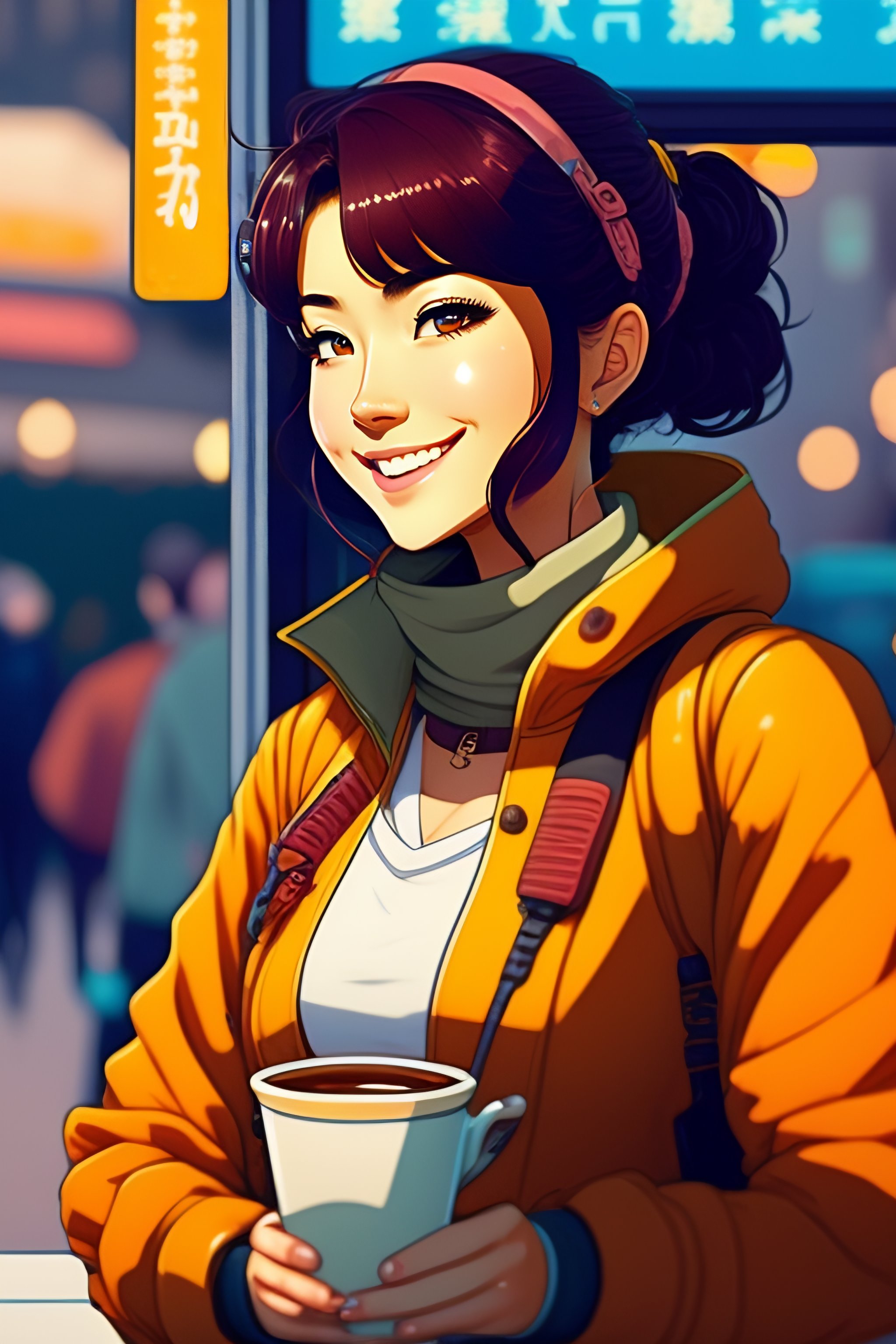 Lexica - Photo of a smiling female reporter at a cafe, brunette, style ...