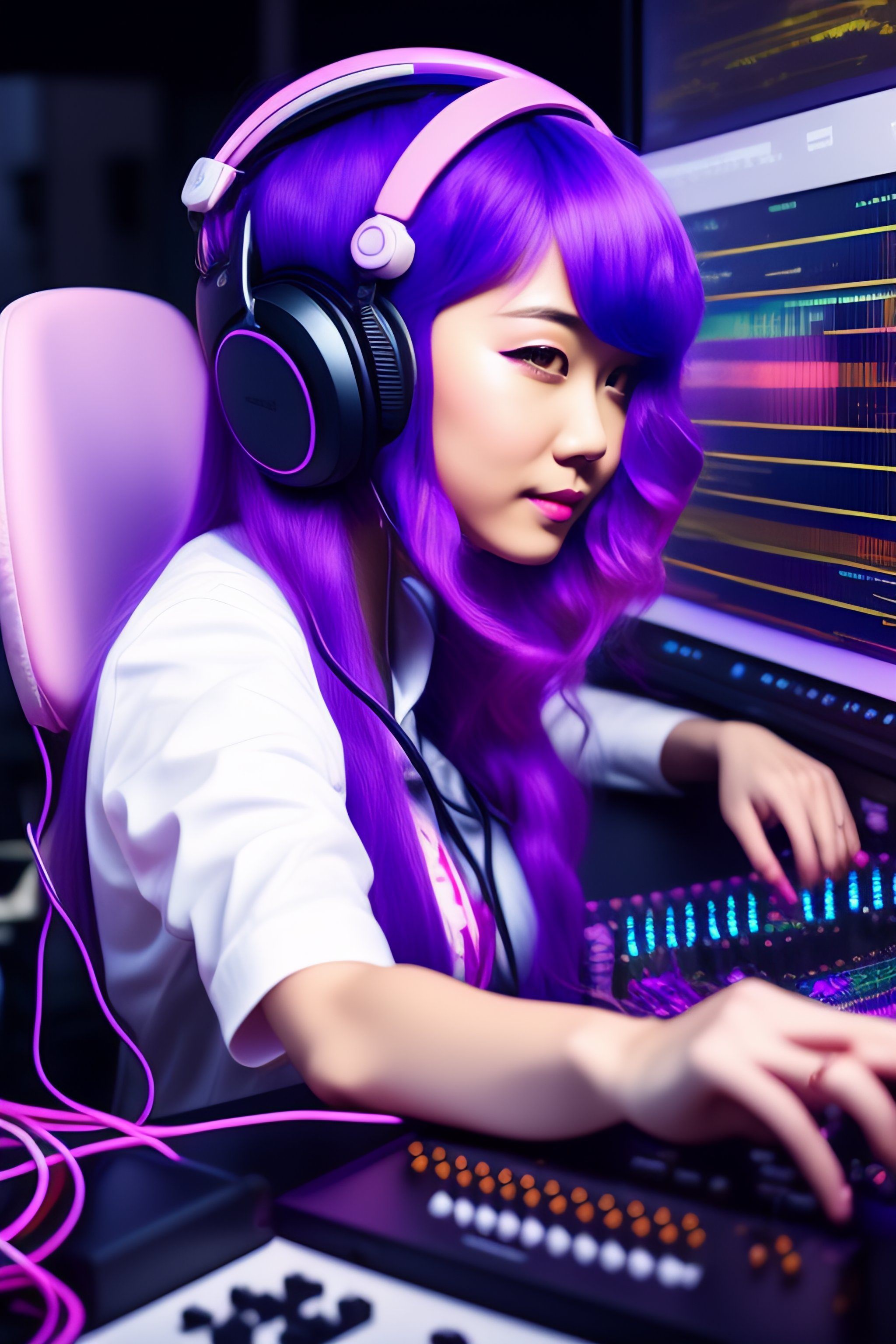 Lexica - Anime girl with purple hair, programming a modular synthesizer ...