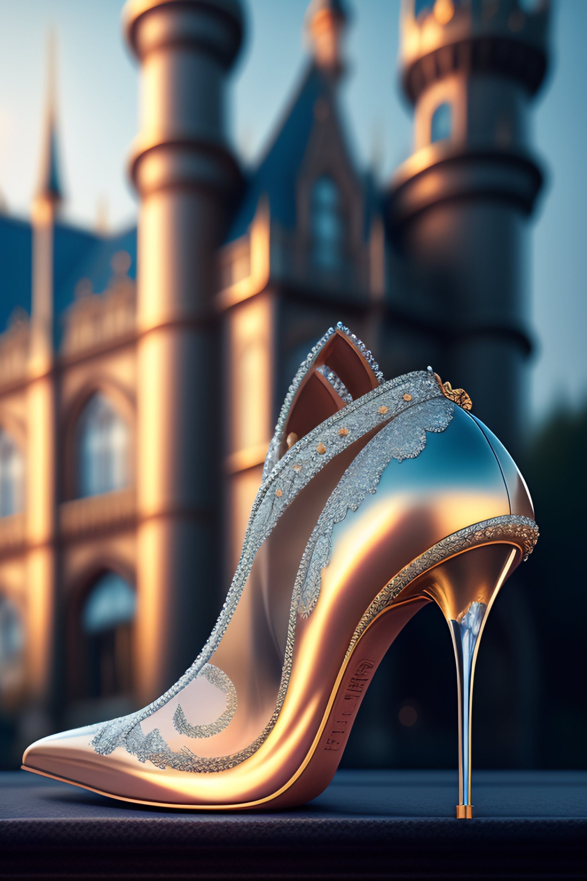 Lexica - Shiny clear high heel shoe in front of a castle, dark fantasy ...