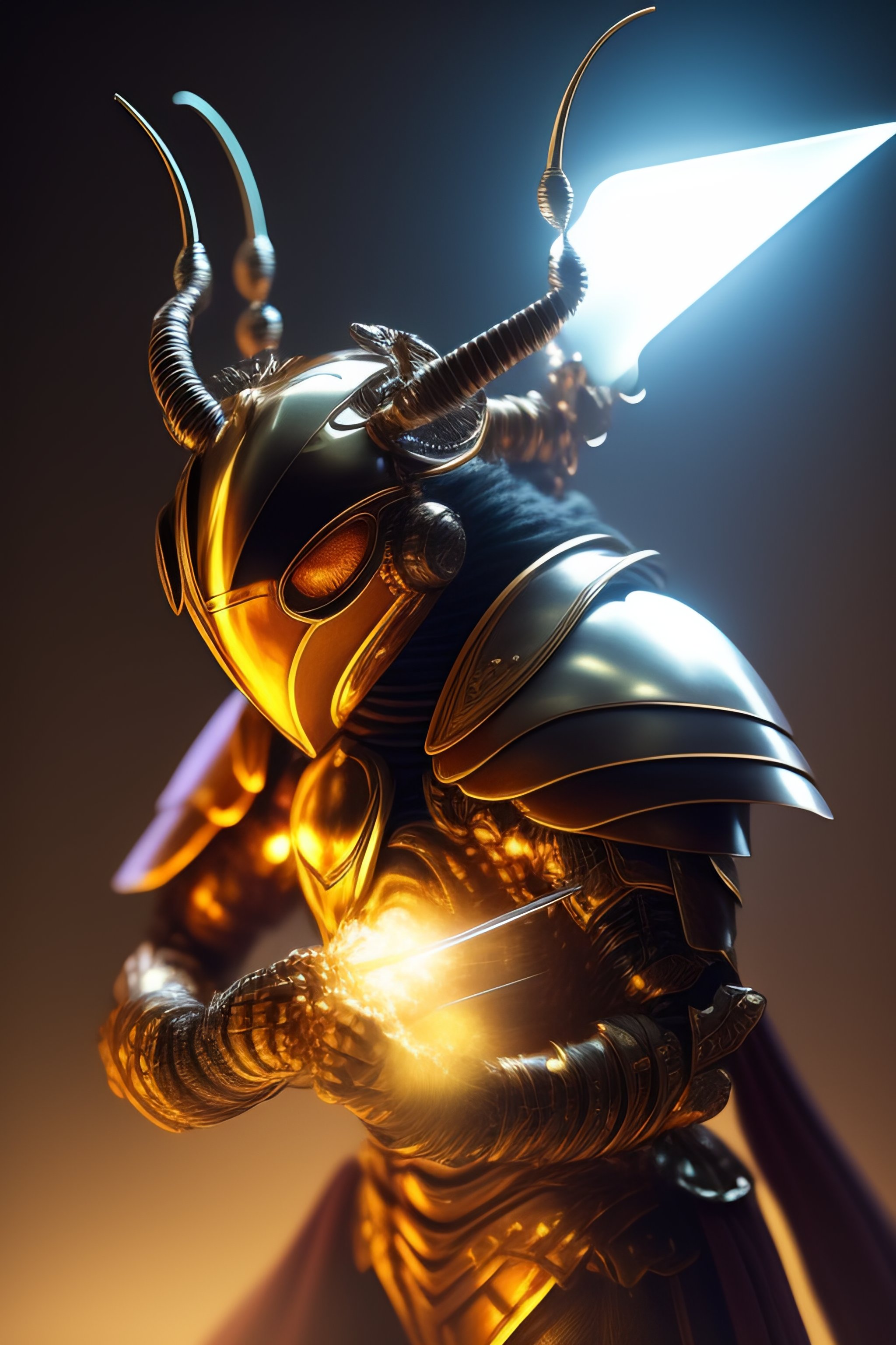 Lexica - Insect humanoid weilding a sword made of light with its 4 arms