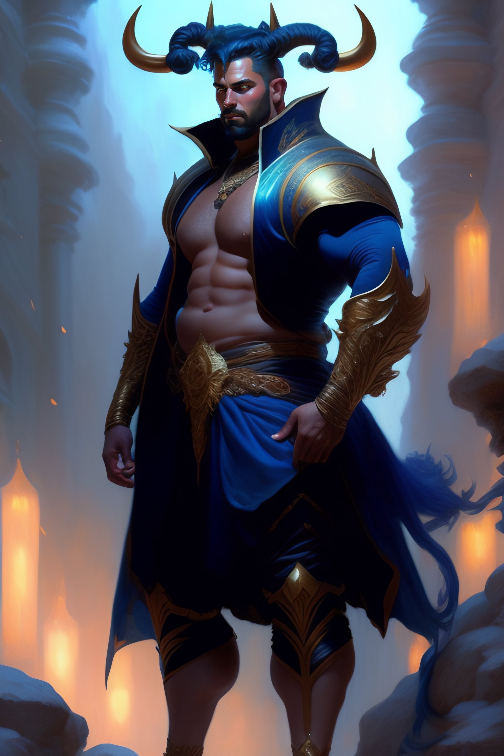 Lexica - Handsome blue tiefling guy, with horns, with a big belly ...