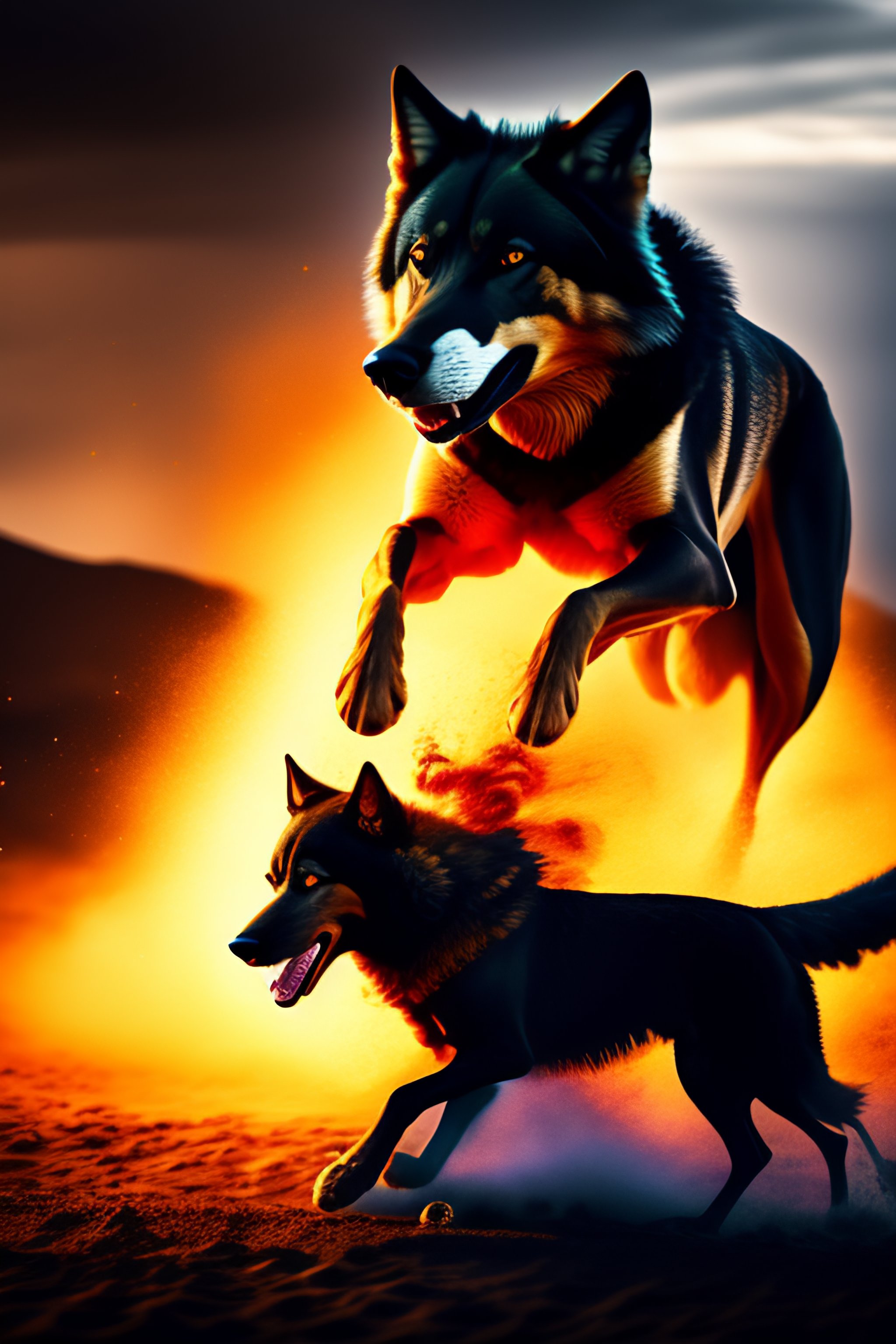 Lexica - Giant scorpion fighting with a black wolf