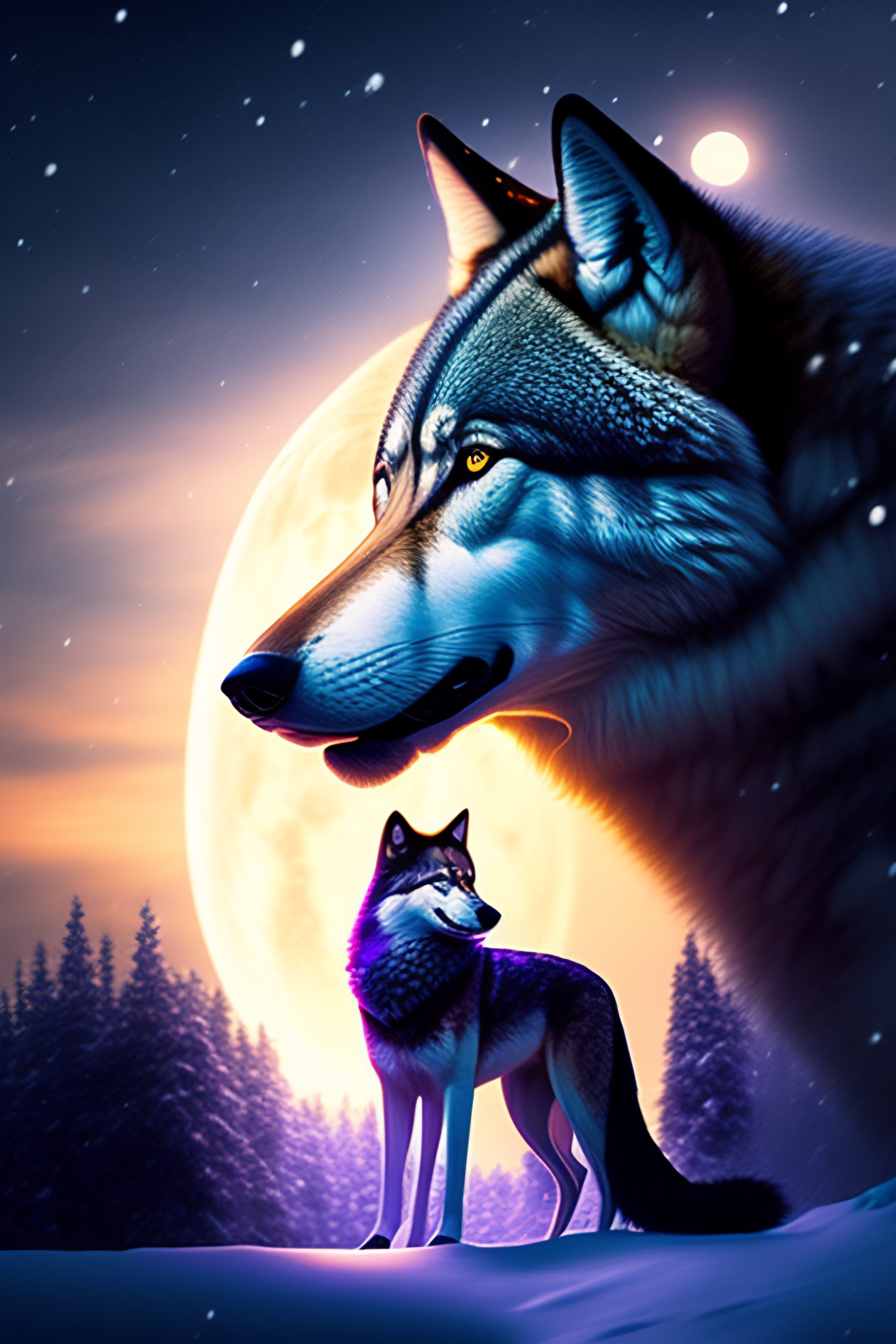 Lexica - Lost child riding a wolf in the snow at night in front of full ...