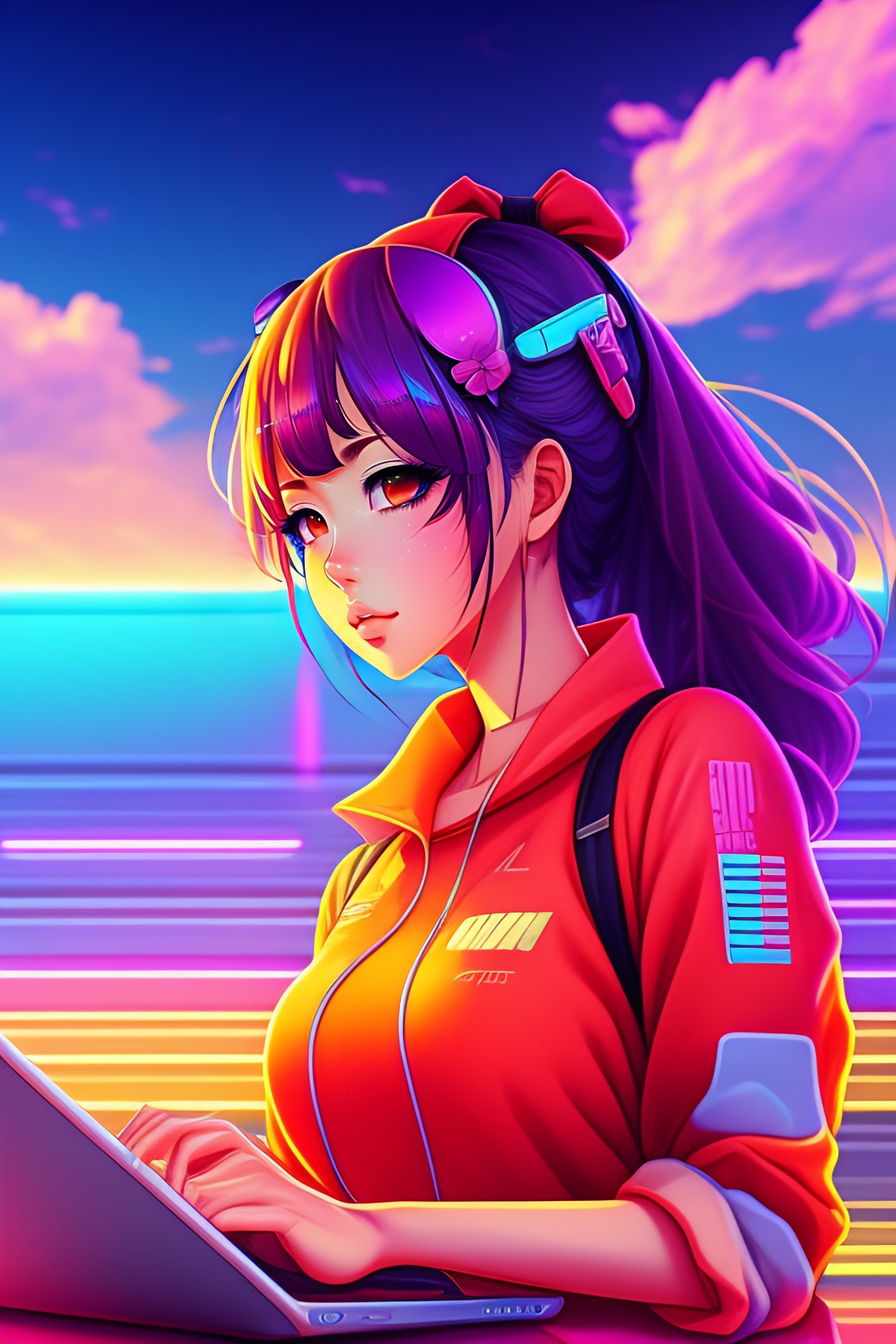 Lexica - Synthwave anime girl working on a laptop warm colours, digital ...