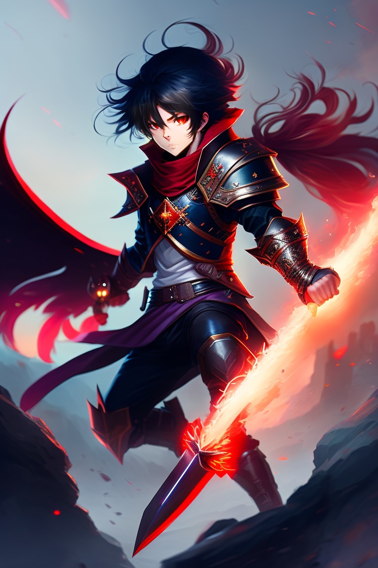 Lexica - Anime style boy black hair, medieval knight cloths, holding ...