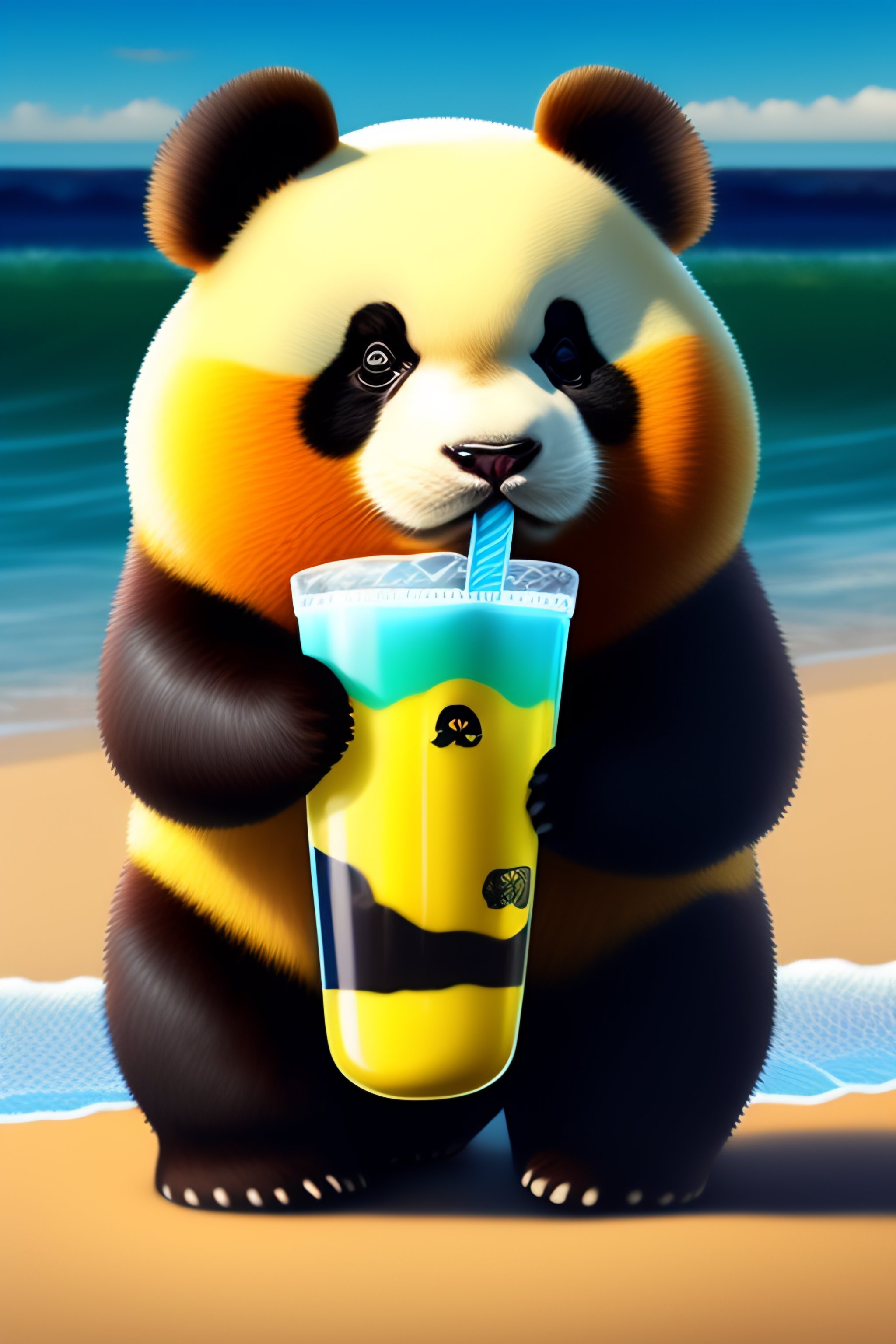 Lexica - Pikachu drinking bubble tea with a cute giant panda on a beach ...