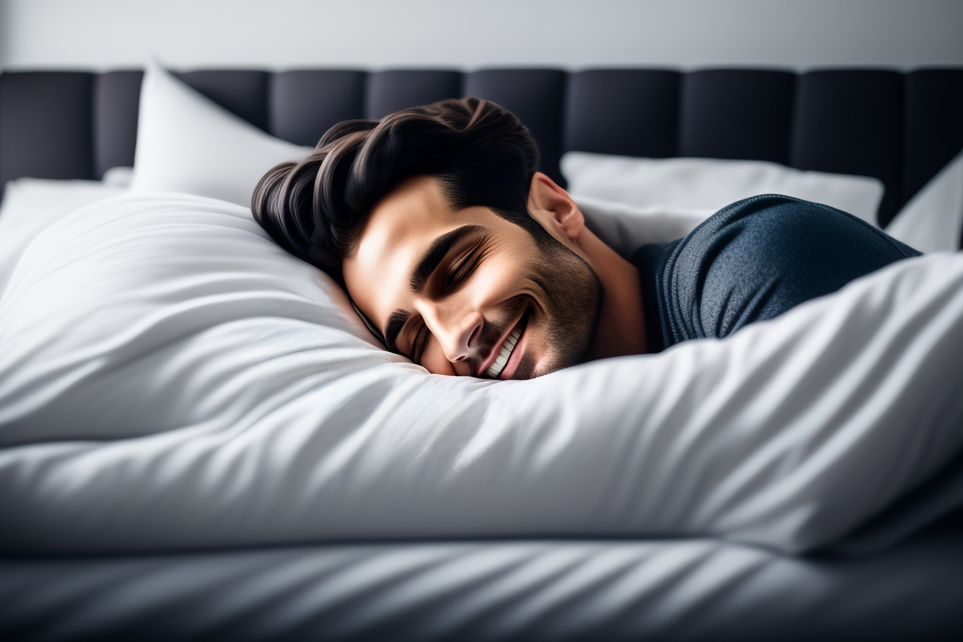 Lexica - Happy man slepping in a bed with thin grey blanket that hugs ...