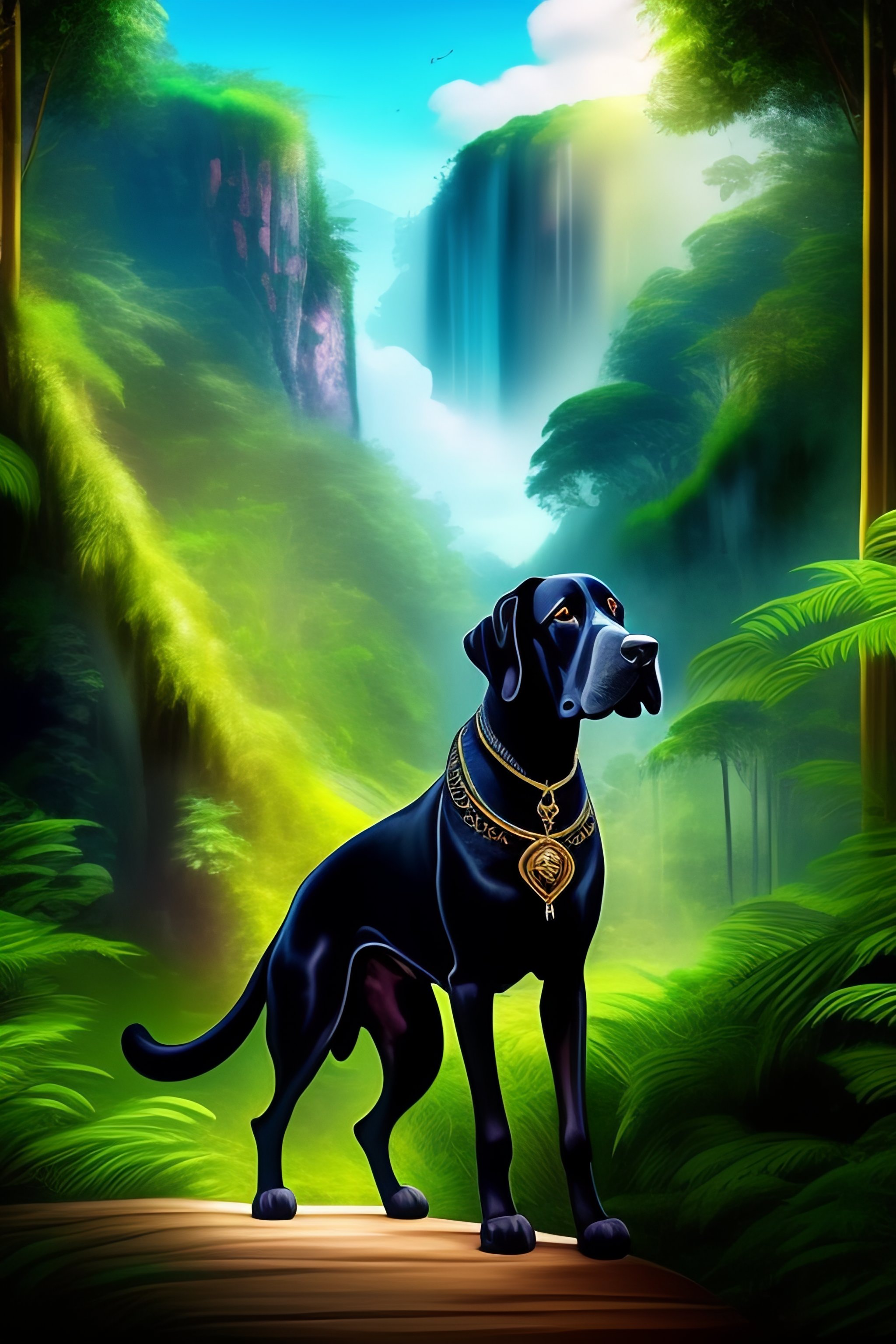 Lexica - Cute black Great Dane riding a motorcycle with the rainforest ...