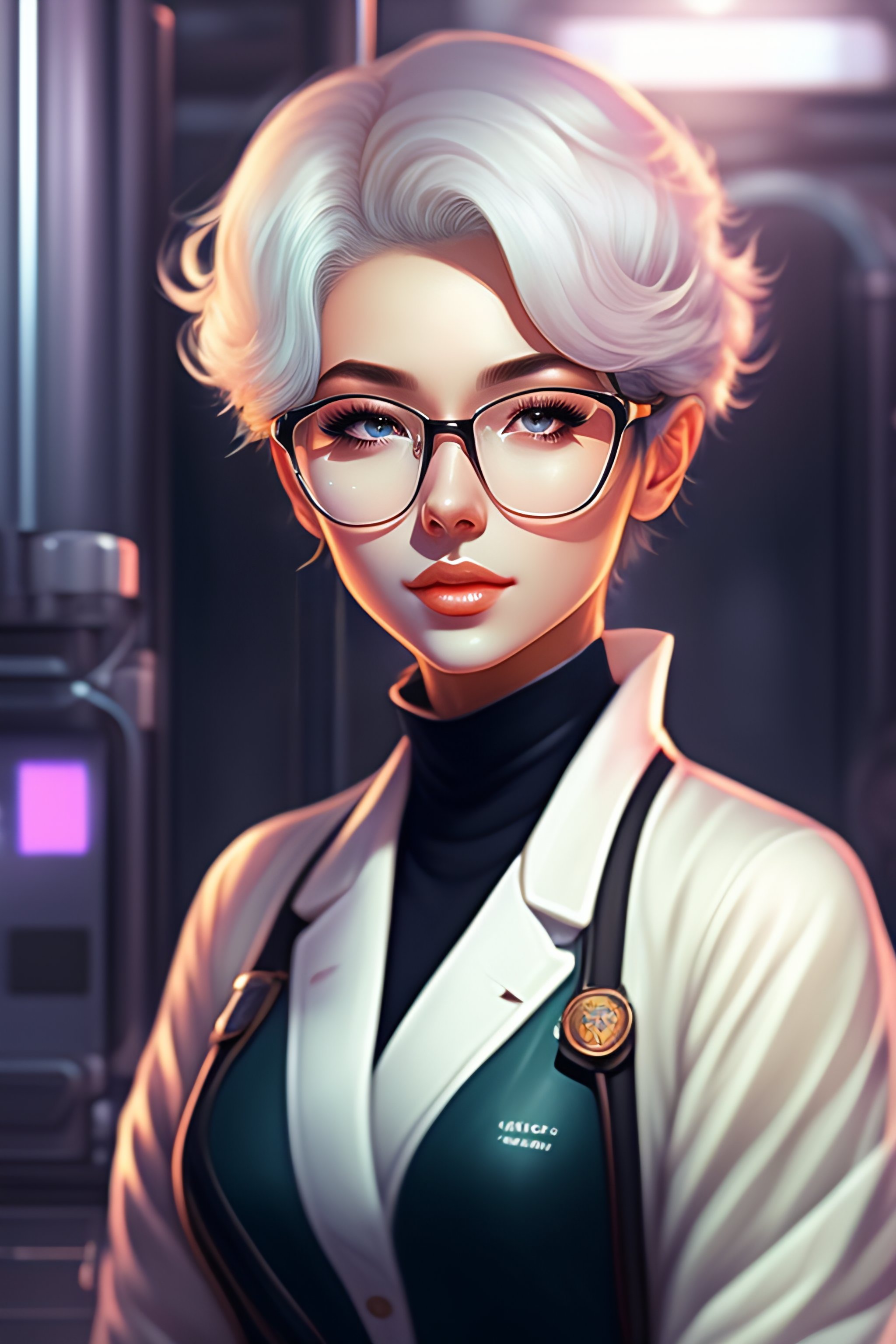 Lexica - Beautiful anime girl with short white hair, wearing lab coat ...