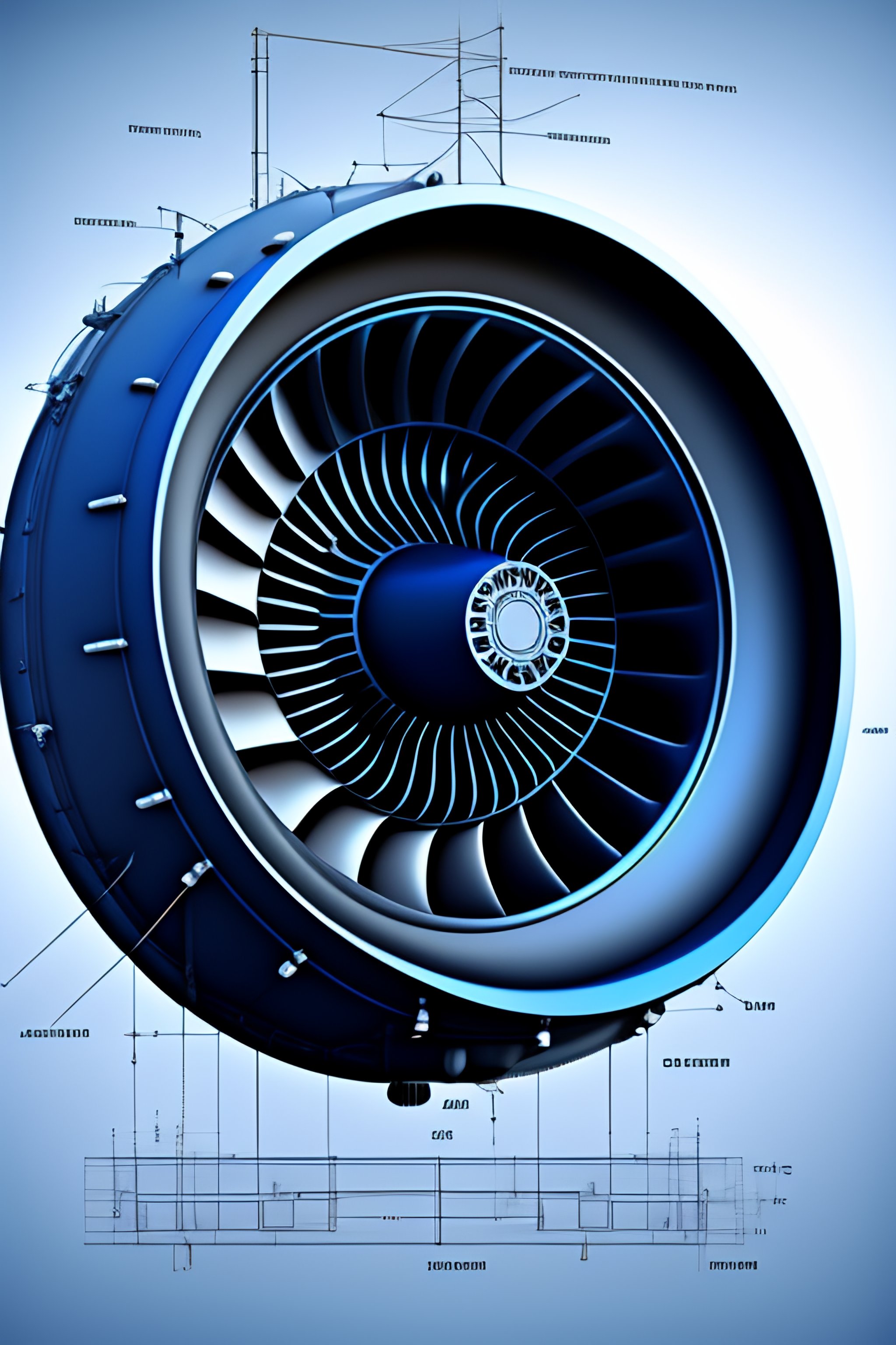 Lexica - Technical illustration: jet engine, wireframe, blueprint