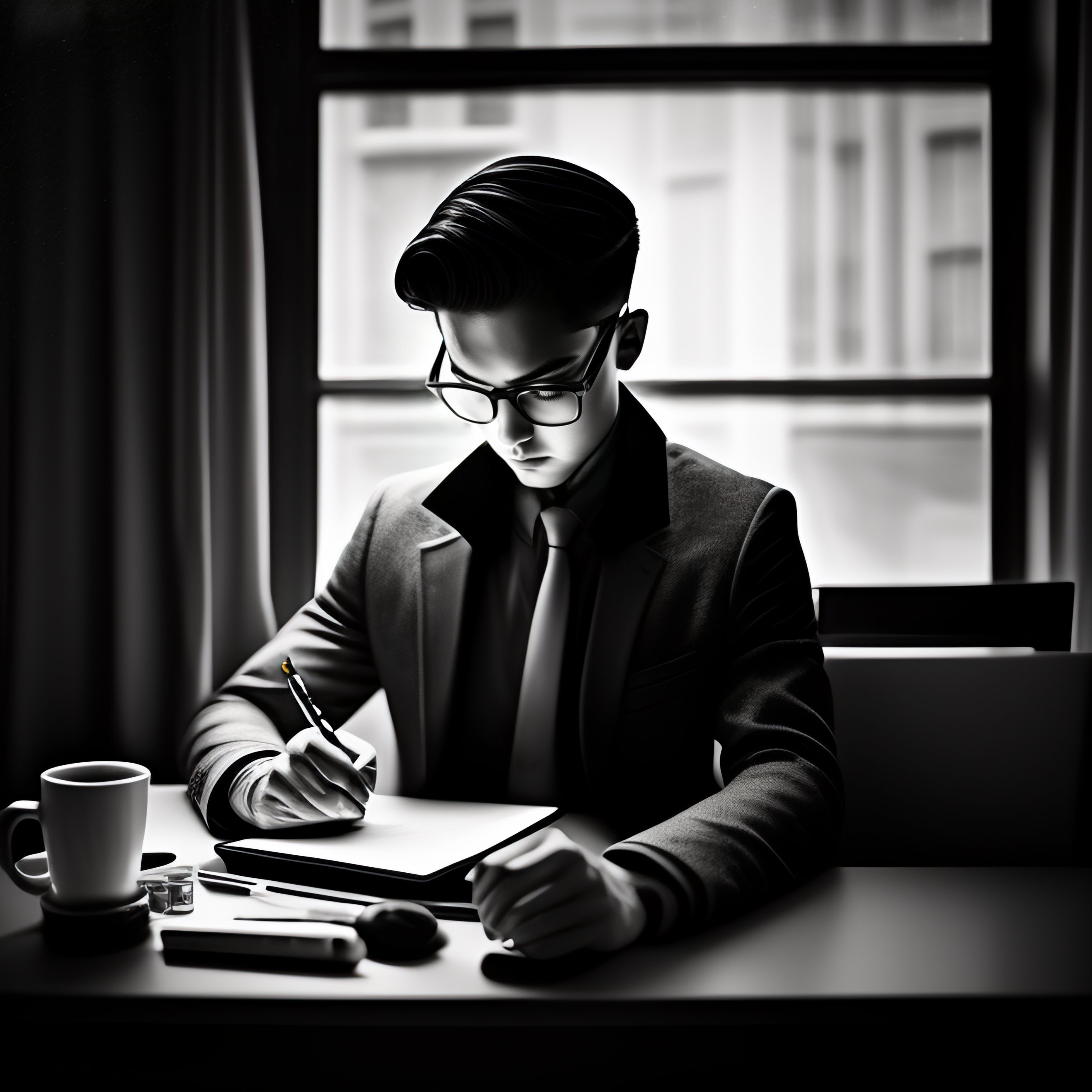 Lexica - Young Writer man, noir style, laptop, painting