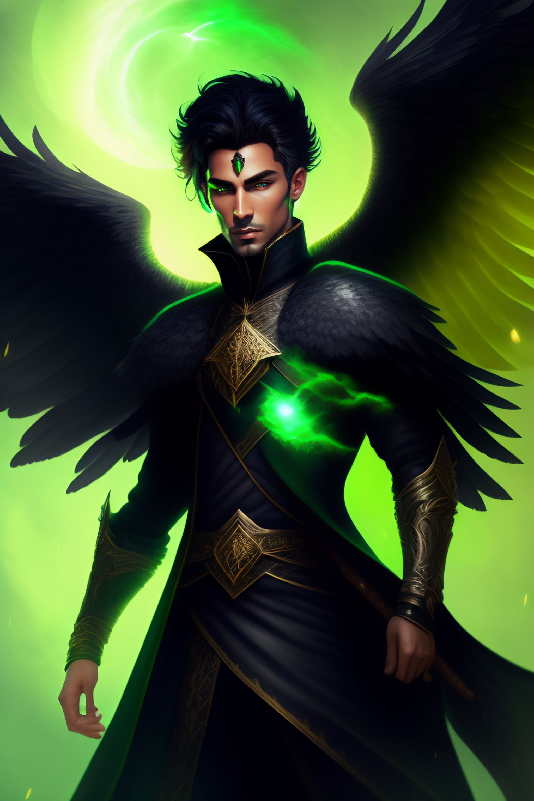 Lexica - Draw of a man mage with green eyes, dark hair, black closes ...