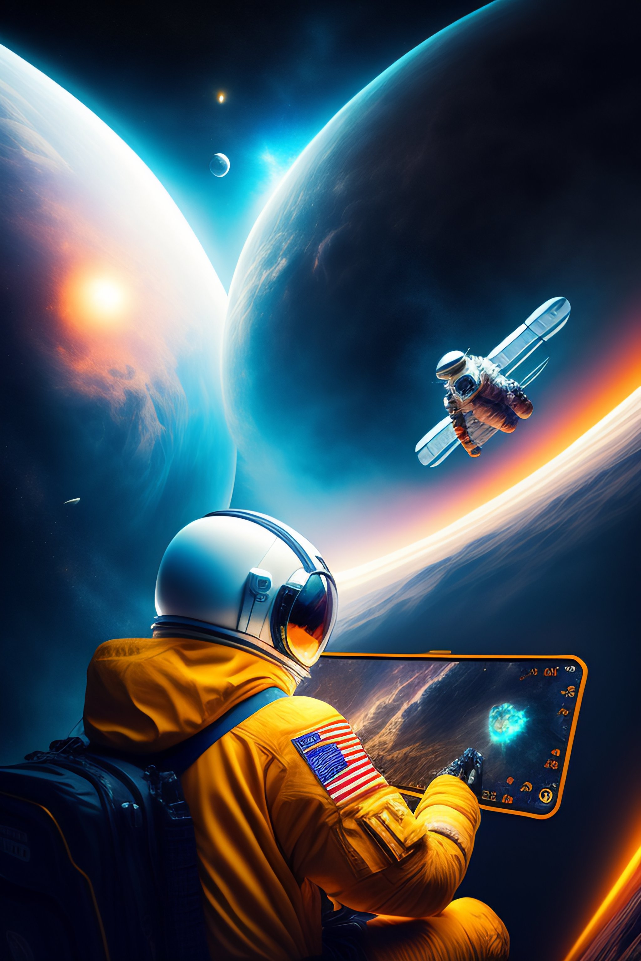 Lexica - A astronaut playing a game in space outside of the spaceship