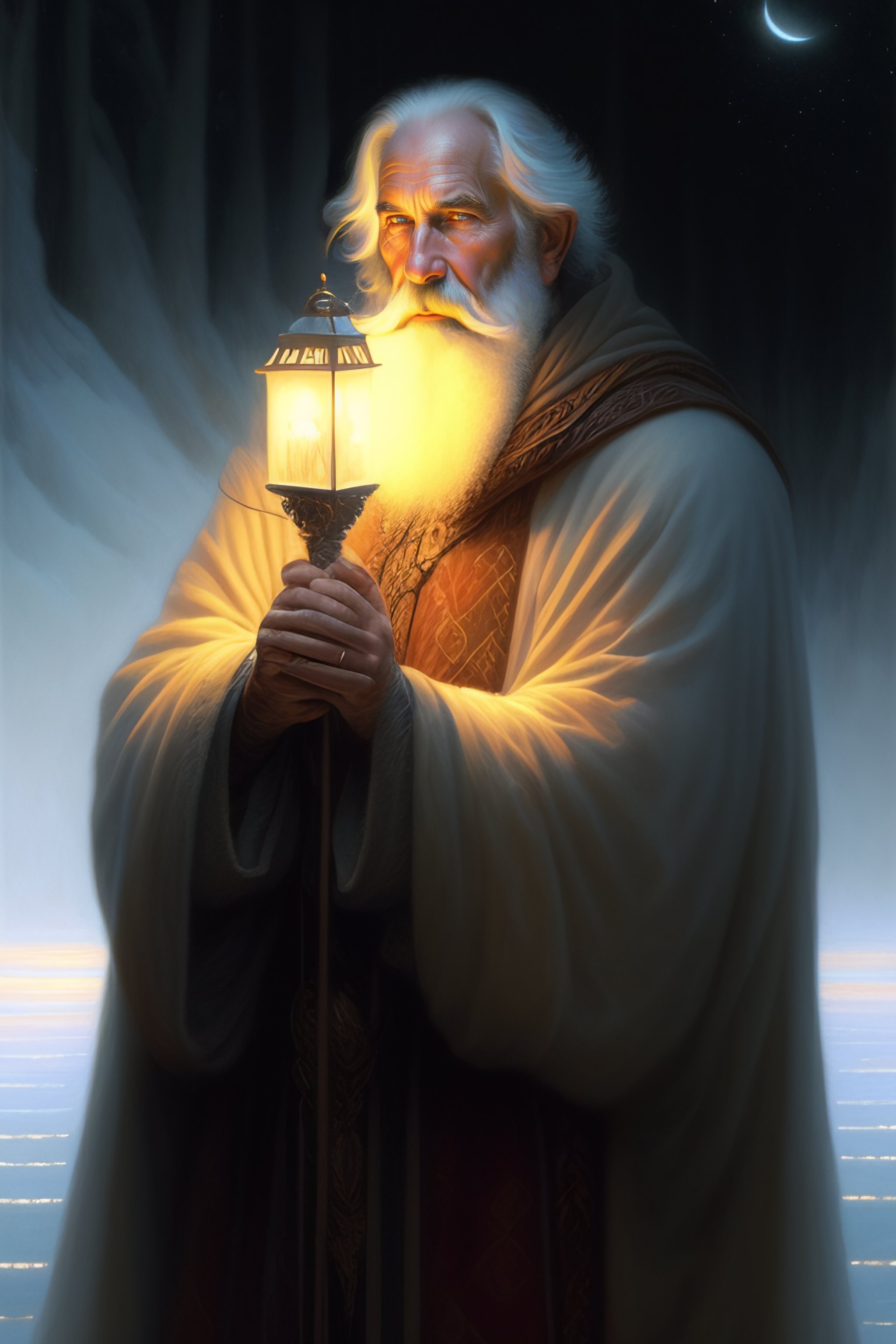 Lexica - An old hermit with long white beard on a white cloak holding a ...