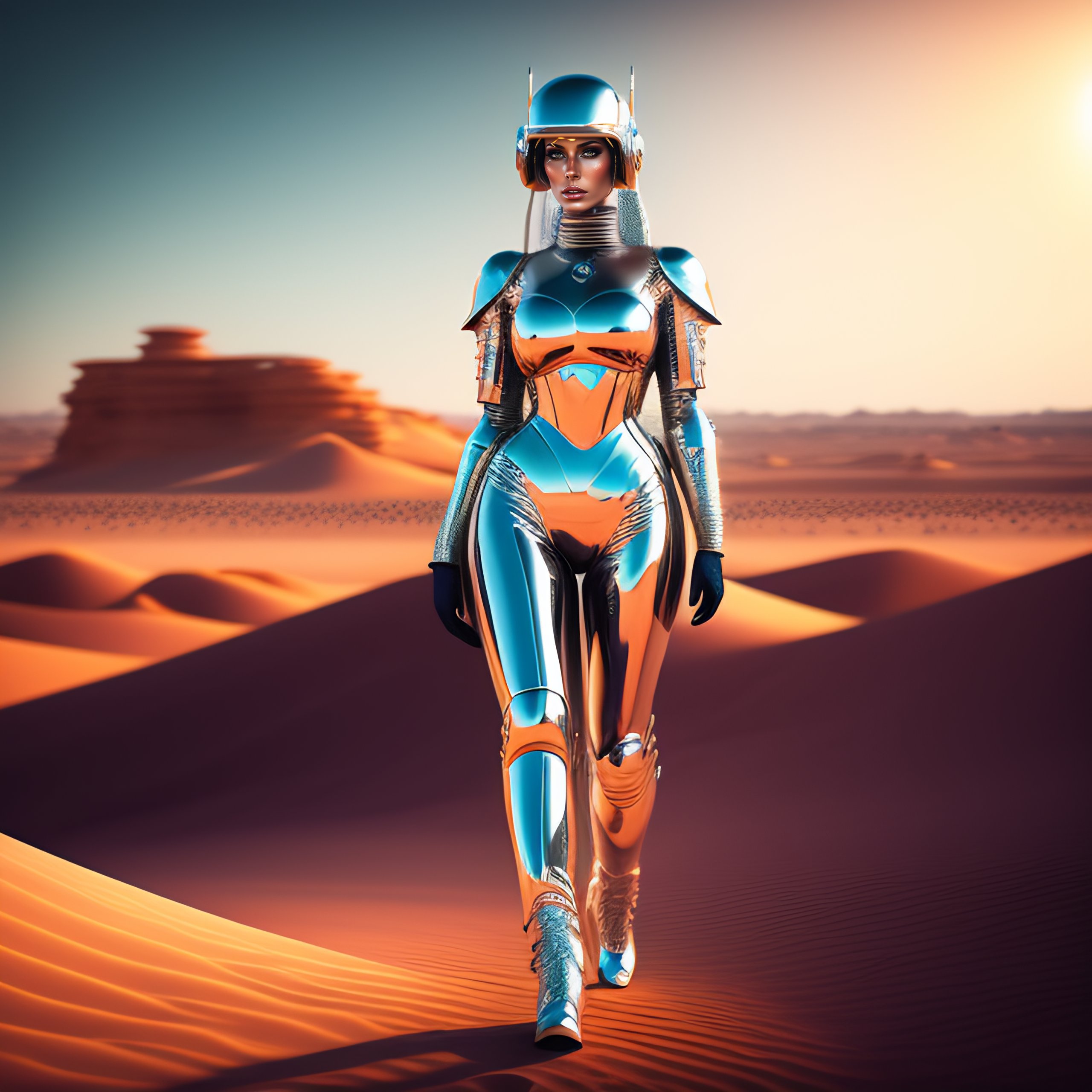 Lexica - Cyber girl wearing chrome, shining reflections, walking in the ...