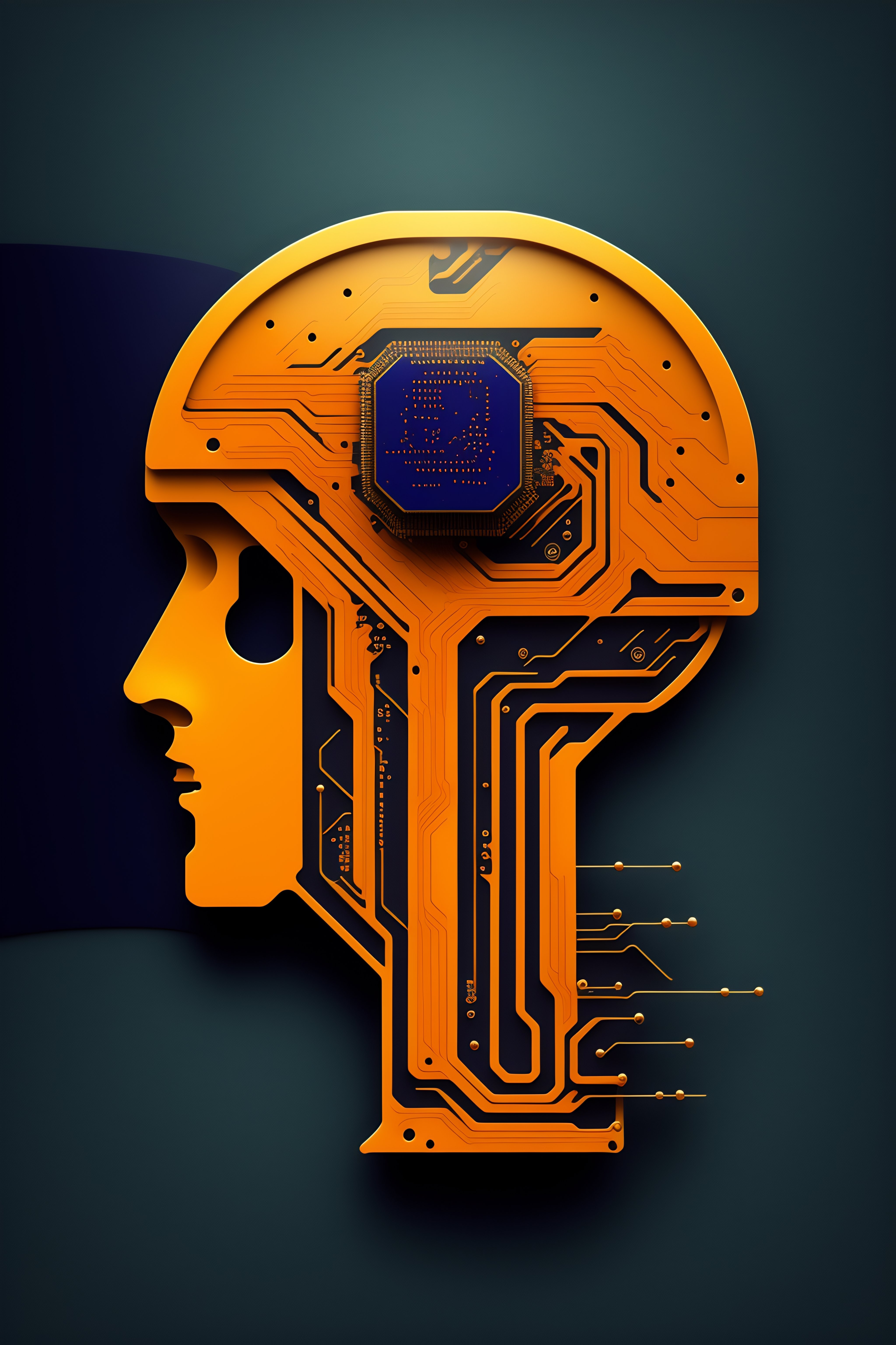 Lexica - Minimalist logo icon of a robot head made of PCB, brain, chip