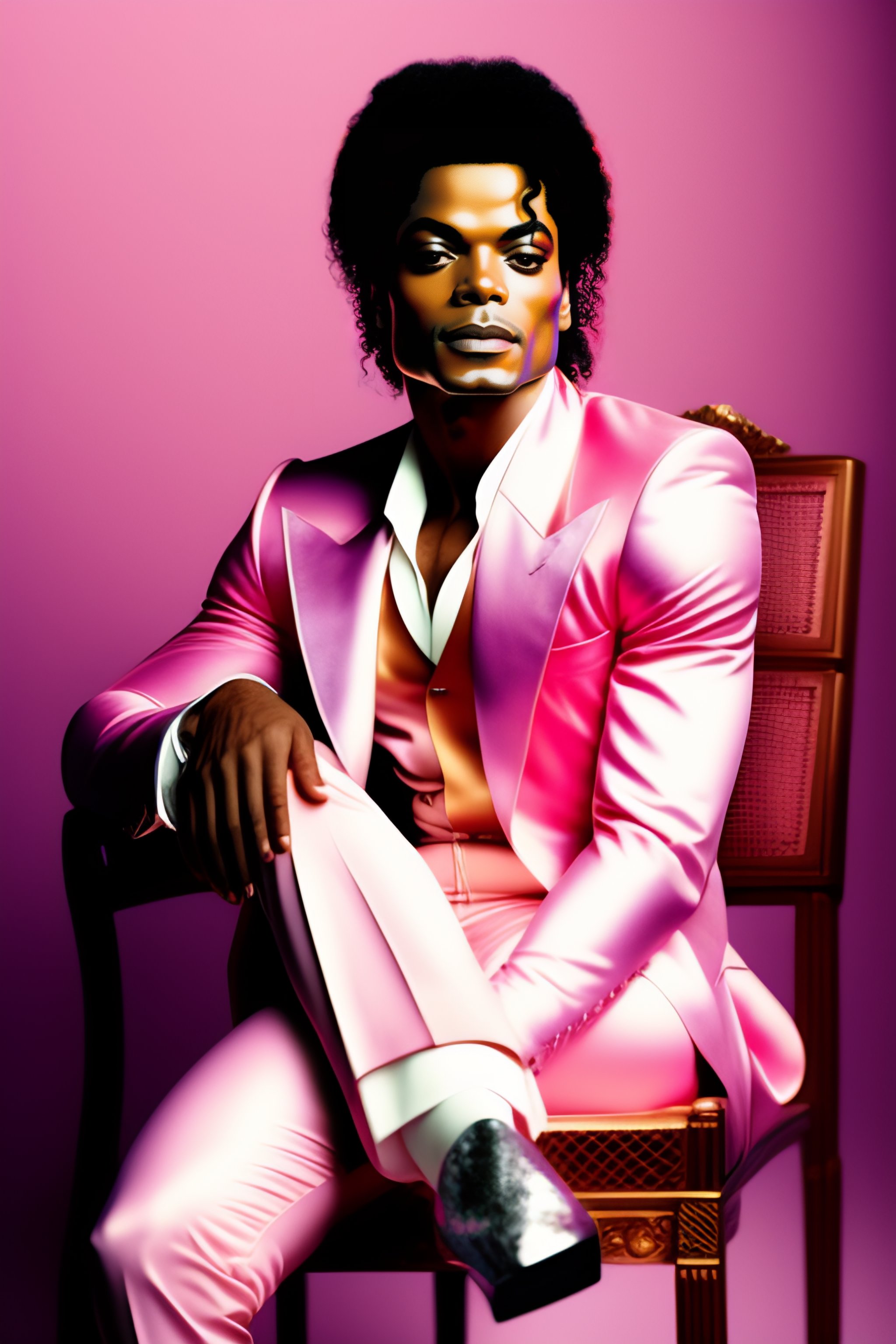 Lexica - Michael Jackson sitting in a chair, with a light pink background.