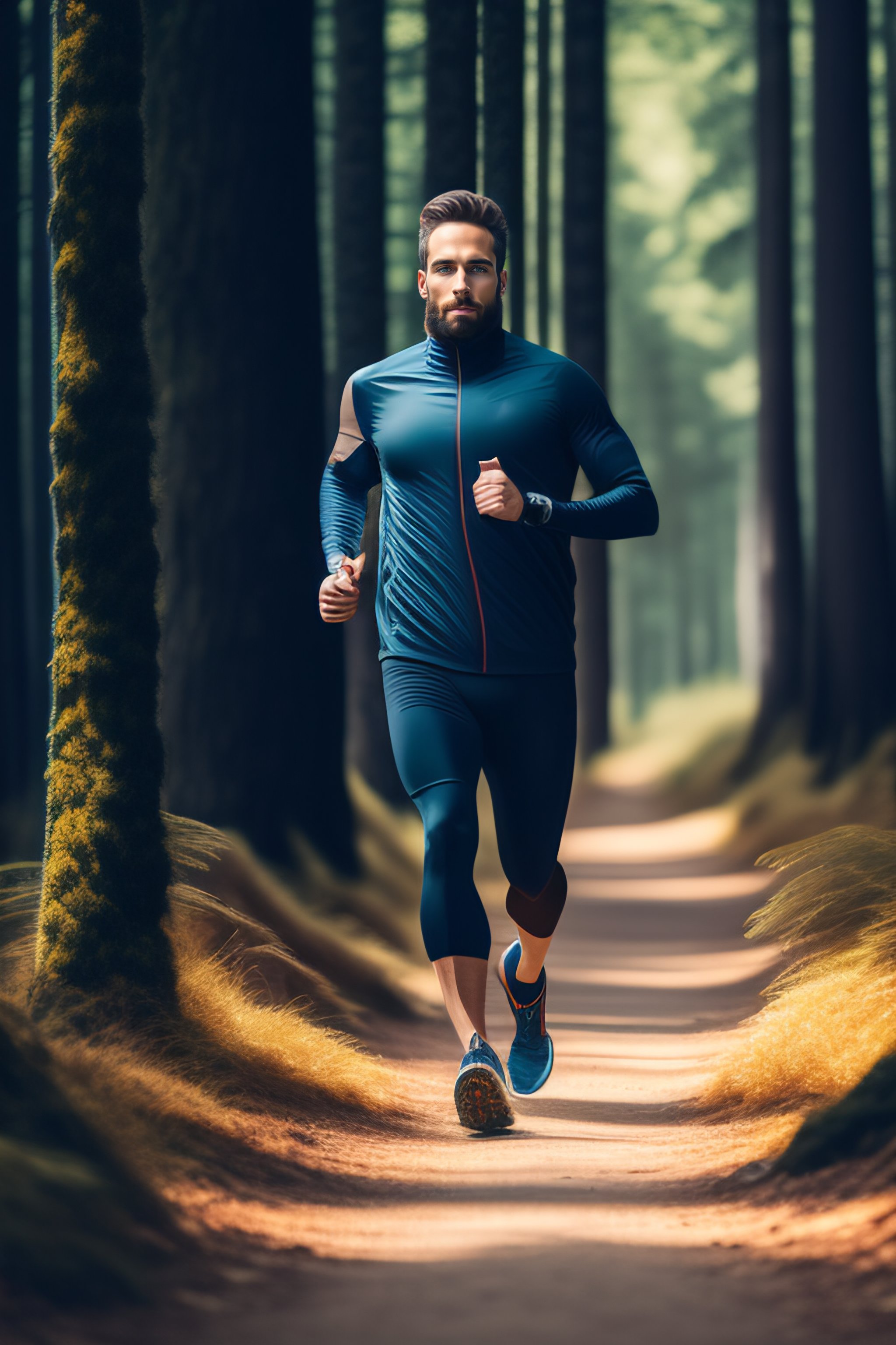 Lexica - Realistic picture of a man running in a forest