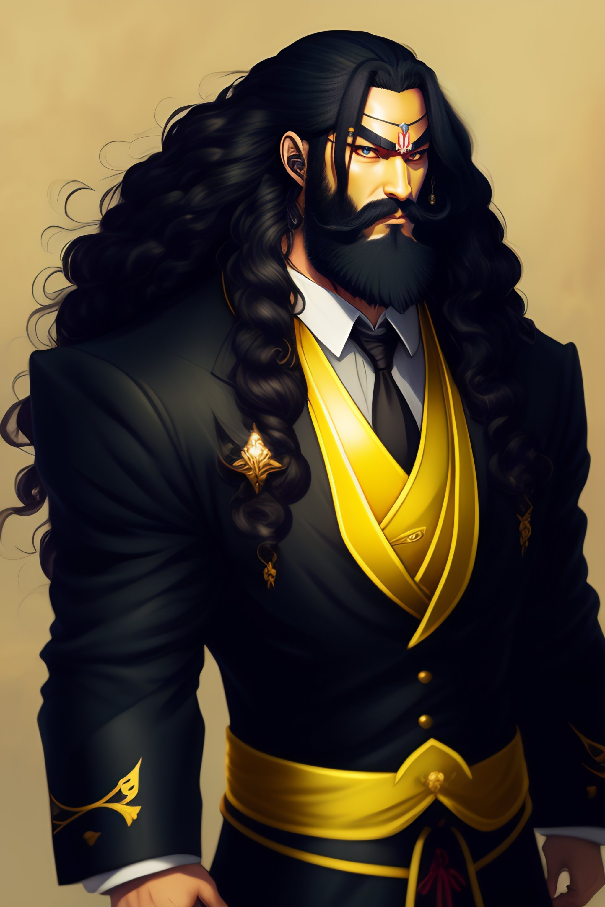 Lexica - Anime warrior king, 42 years old, black long hair, long curly ...