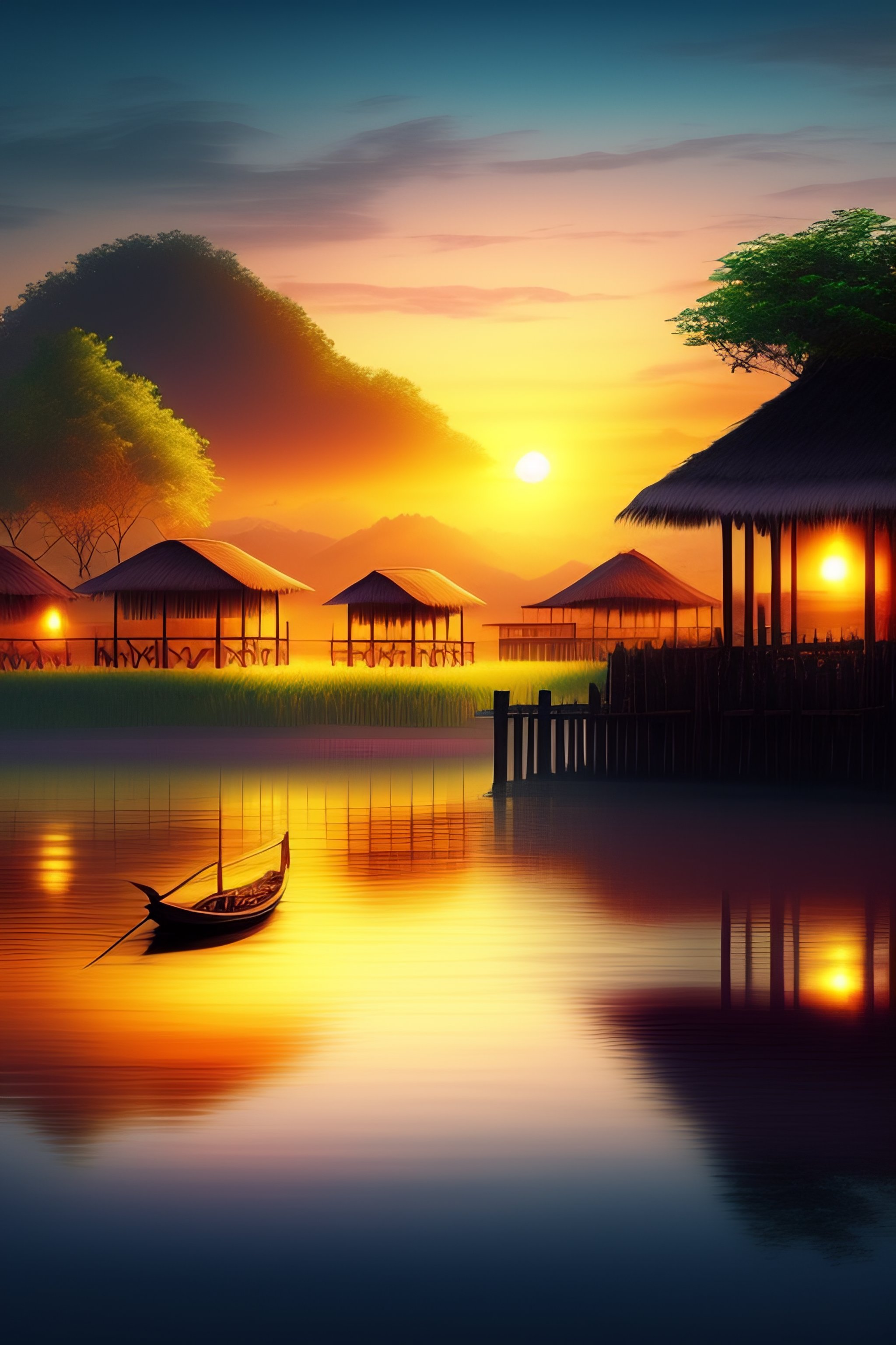 Lexica - Design a beautiful scene of a village in Malaysia with sunset view