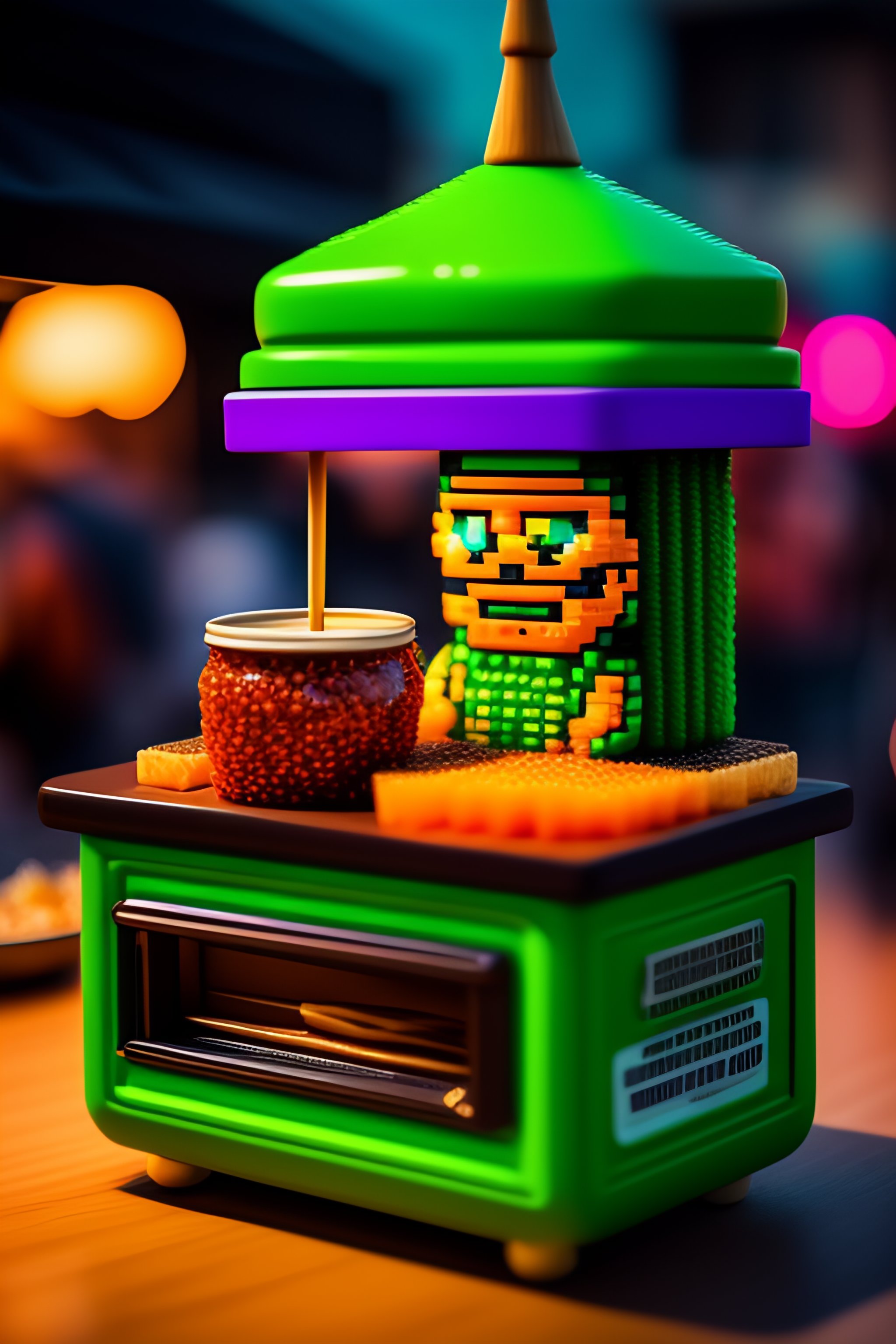 Lexica - Pickle rick Ramen on a street food counter pixel art retrowave