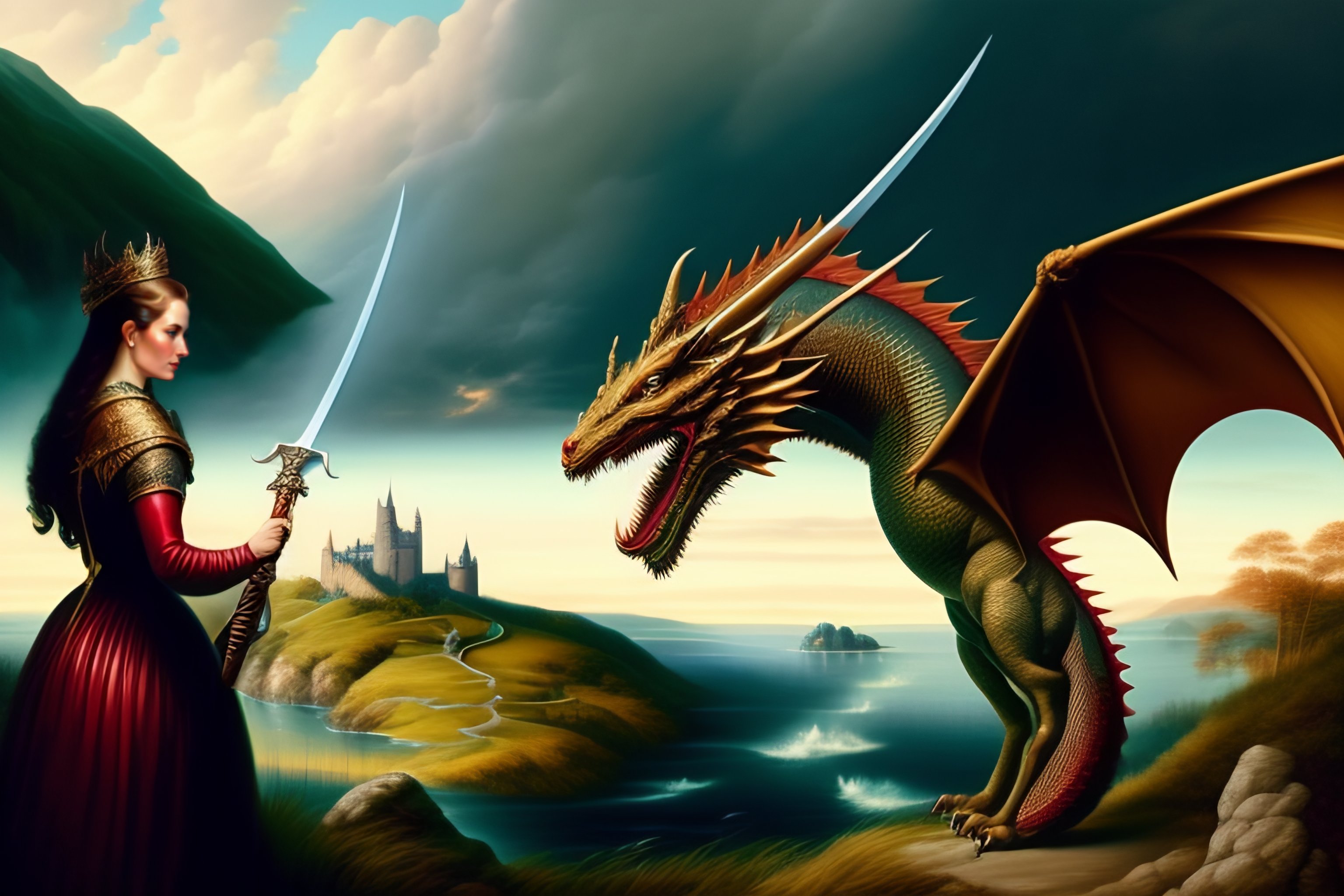 Lexica - Men kills dragon with sword in irish landscape, Renaissance ...